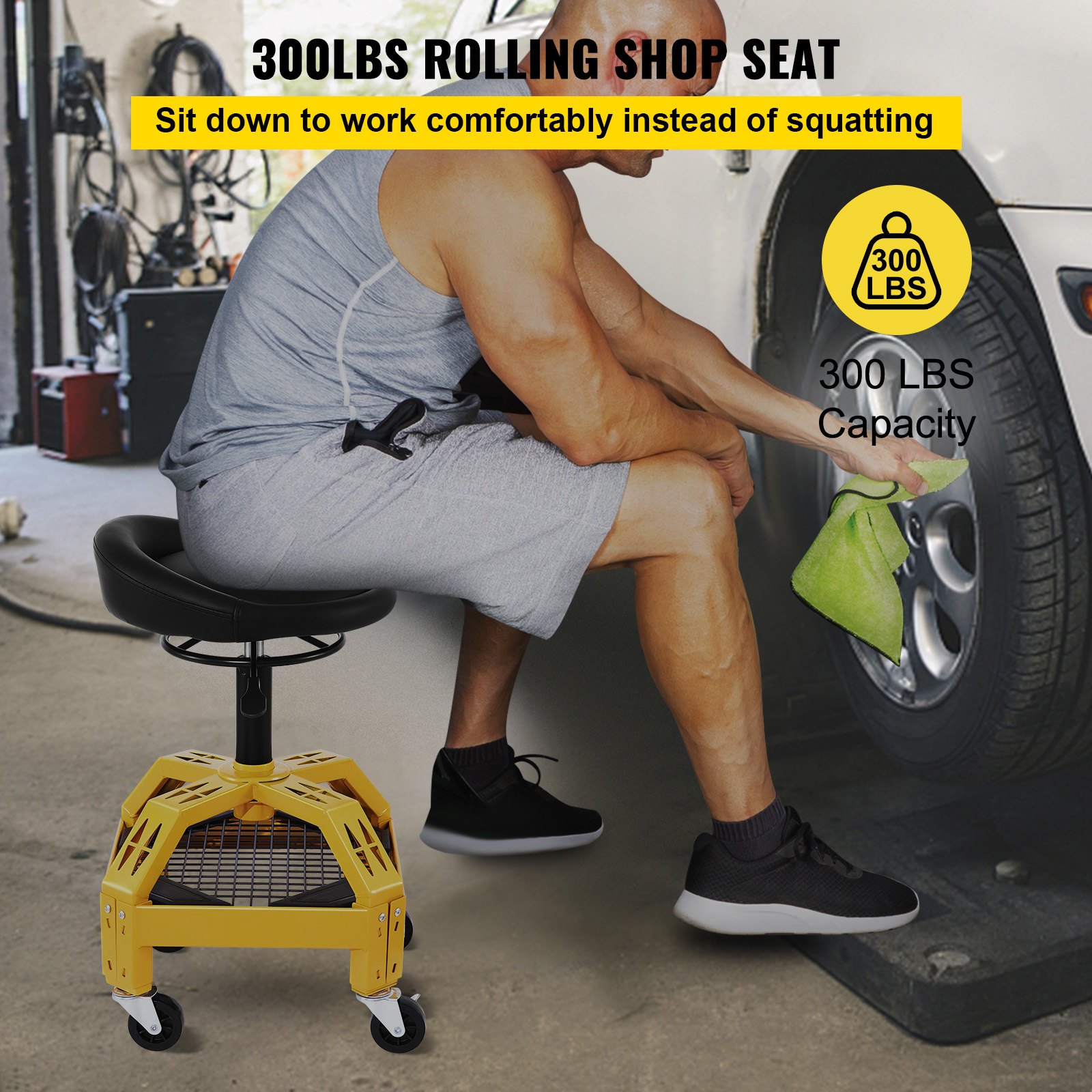 VEVOR Rolling Garage Stool, 300LBS Capacity, Adjustable Height from 24 ...