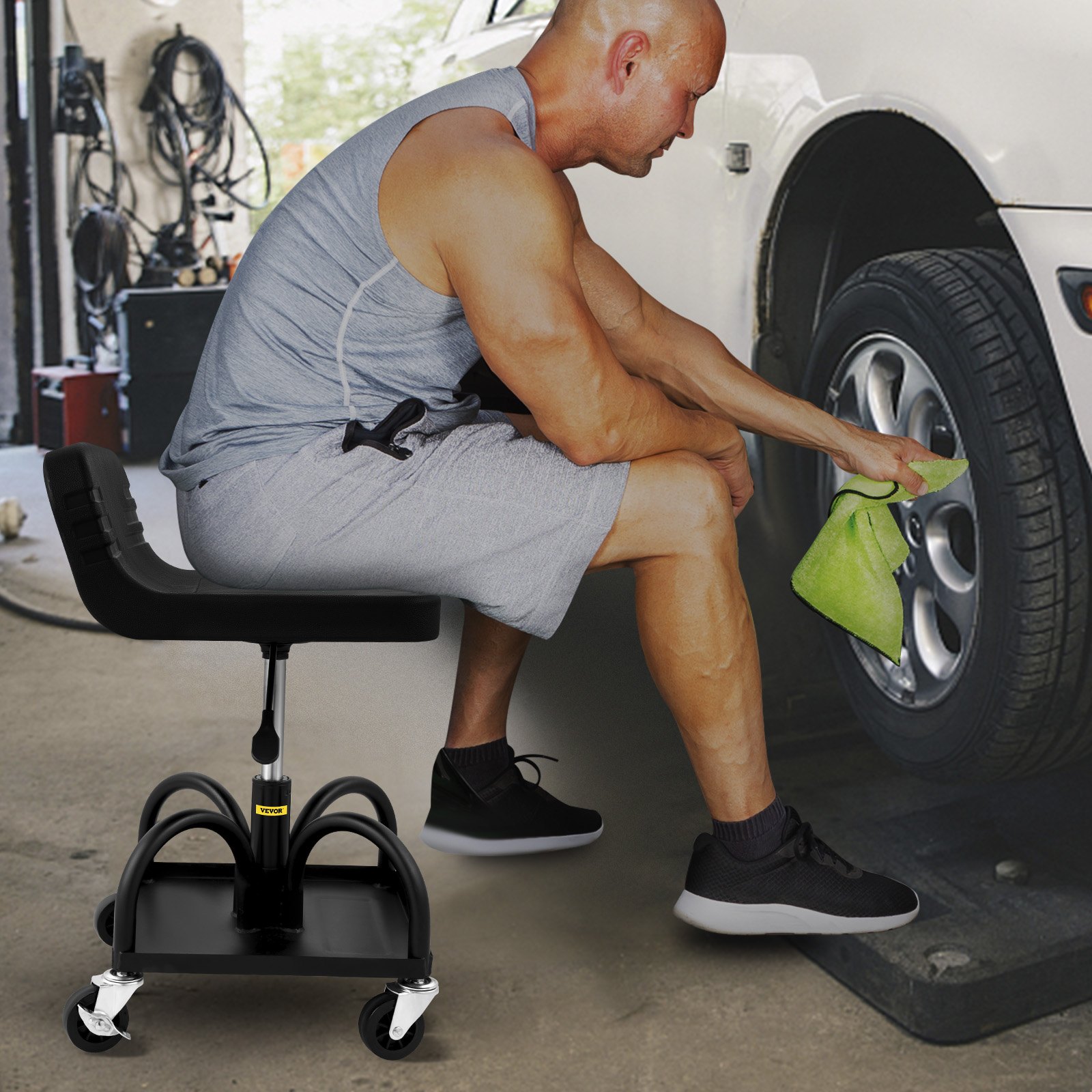 VEVOR Rolling Garage Stool, 300LBS Capacity, Adjustable Height from 15. ...