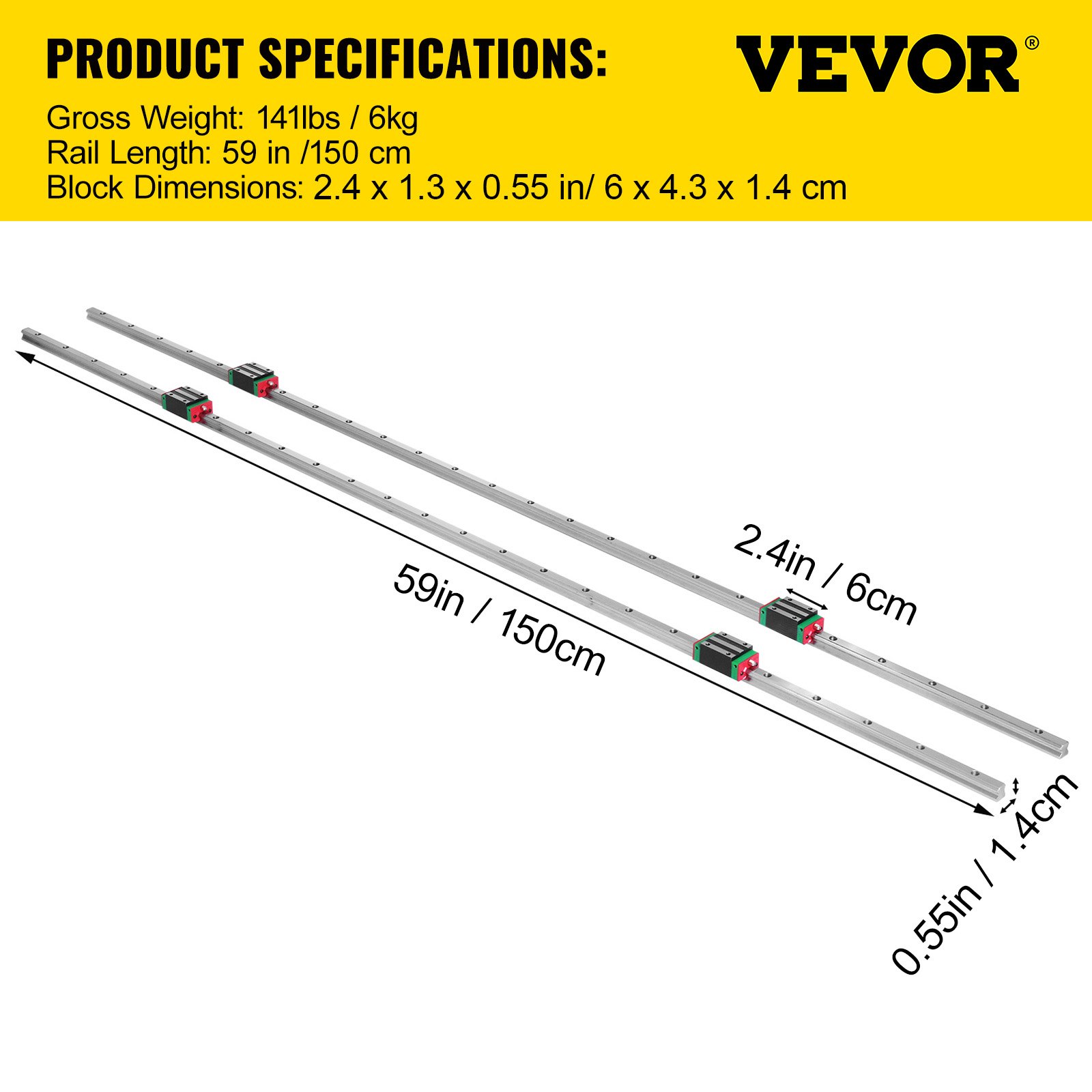 VEVOR Vevor 2x Linear Rail Hsr15-1500mm X 4 X Square Type Bearing Block ...