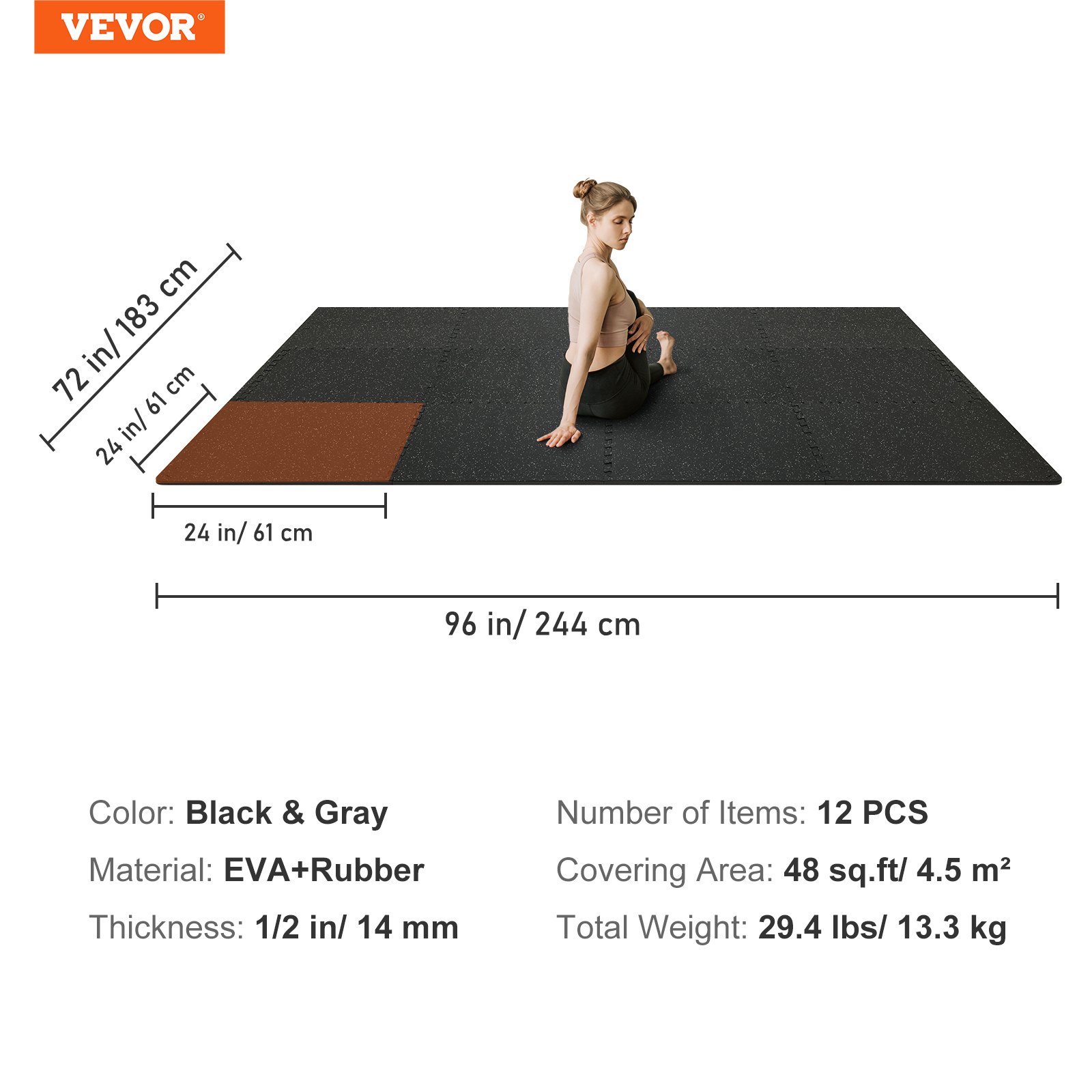 VEVOR 12 PCS 1/2 inch Thick Gym Floor Mats, 24" x 24" EVA Foam & Rubber ...