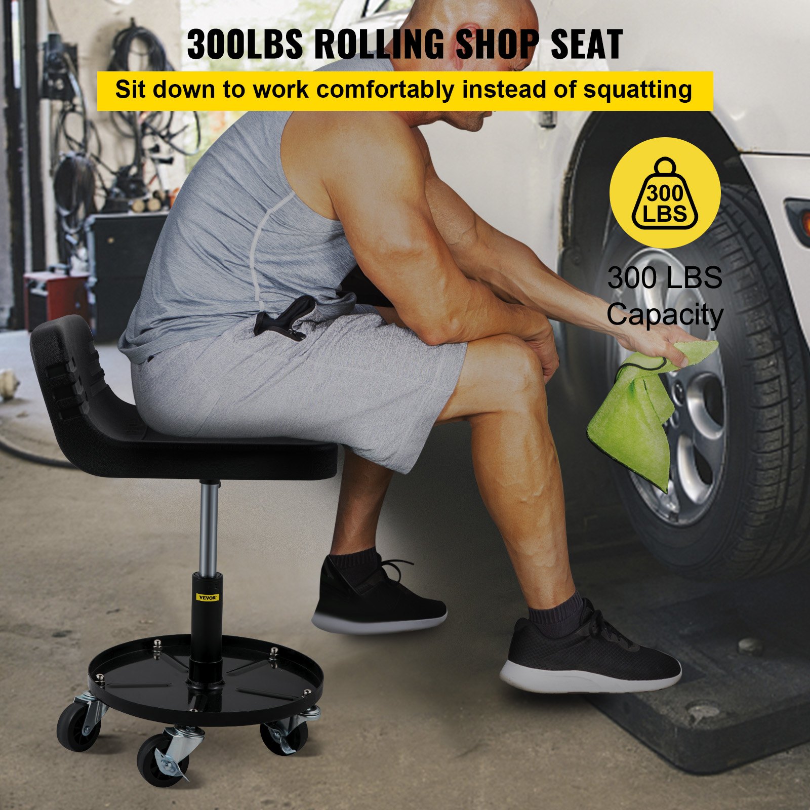 VEVOR Rolling Garage Stool 300LBS Adjustable Mechanic Work Shop Seat w ...