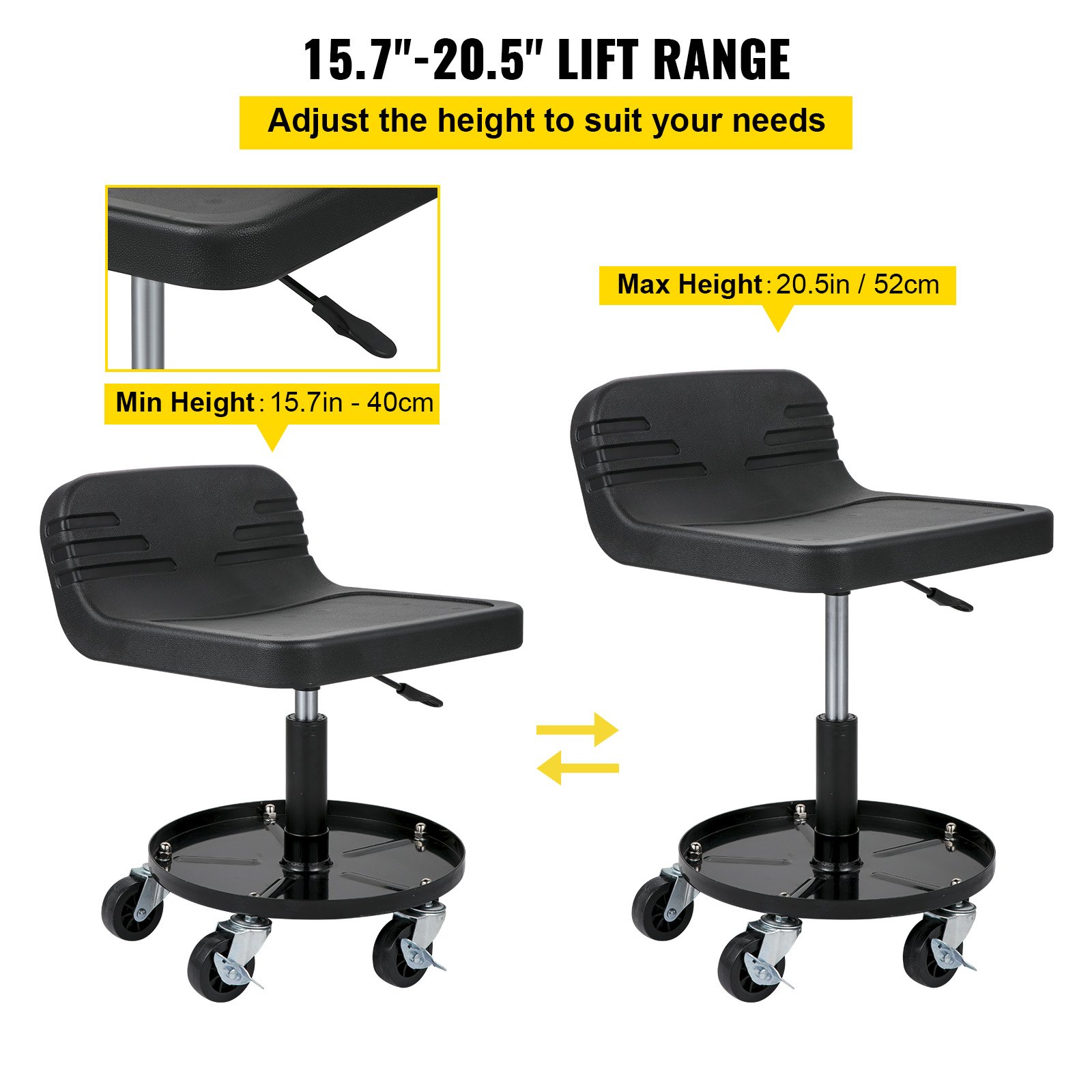 VEVOR Rolling Garage Stool, 300LBS Capacity, Adjustable Height from 15. ...