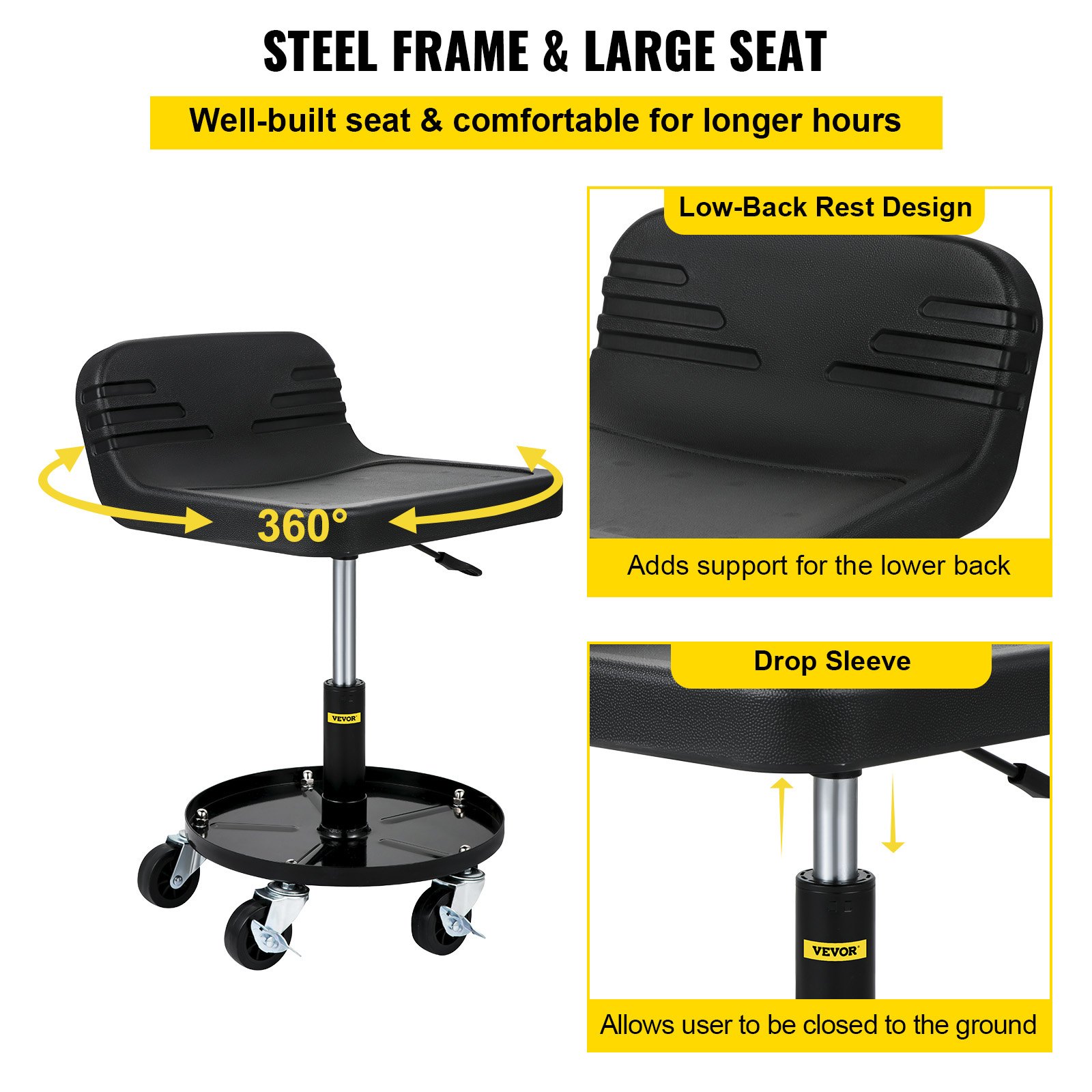 VEVOR Rolling Garage Stool, 300LBS Capacity, Adjustable Height from 15. ...