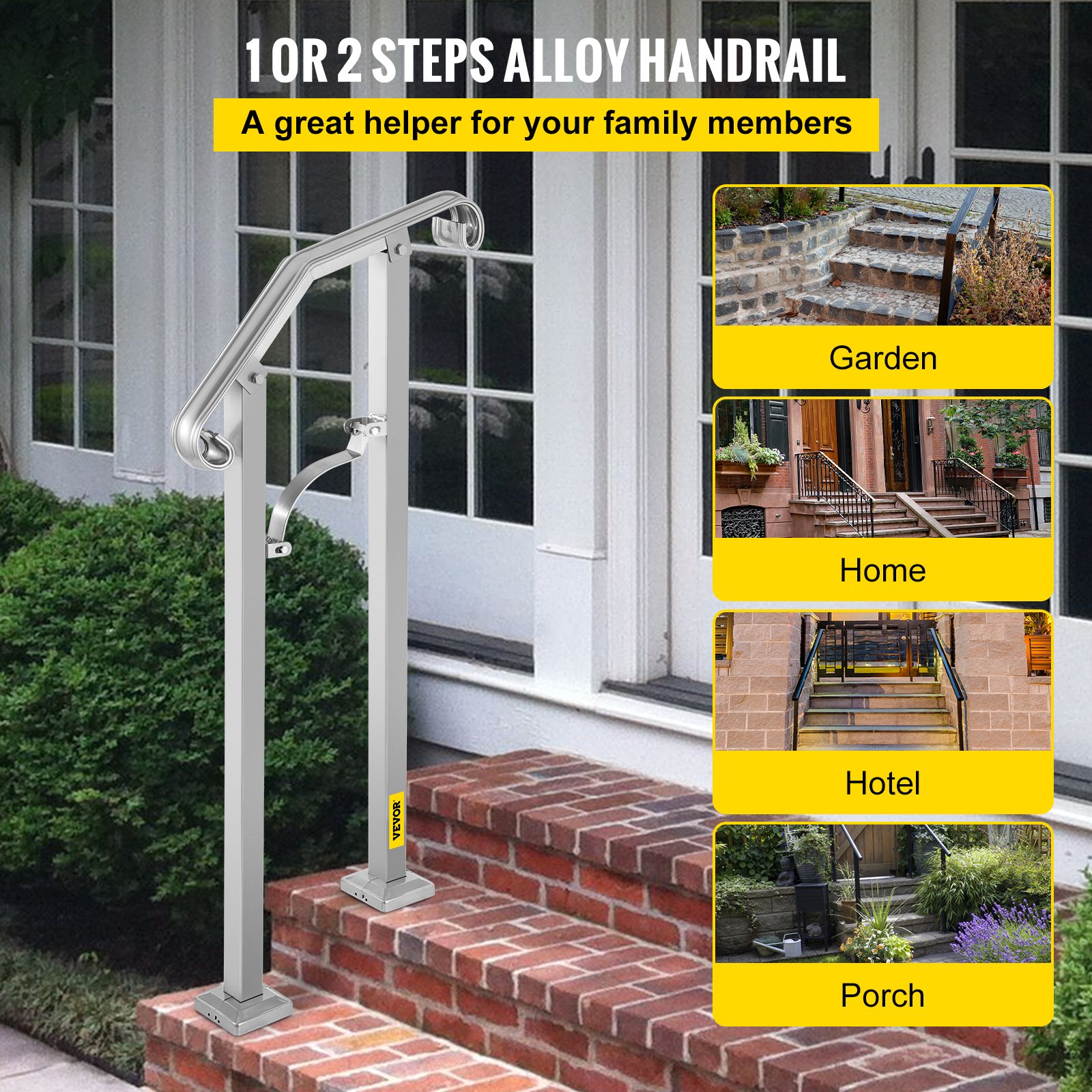 VEVOR Stair Railing Hand Rail Kit Fit 1 or 2 Steps Alloy Metal Step ...