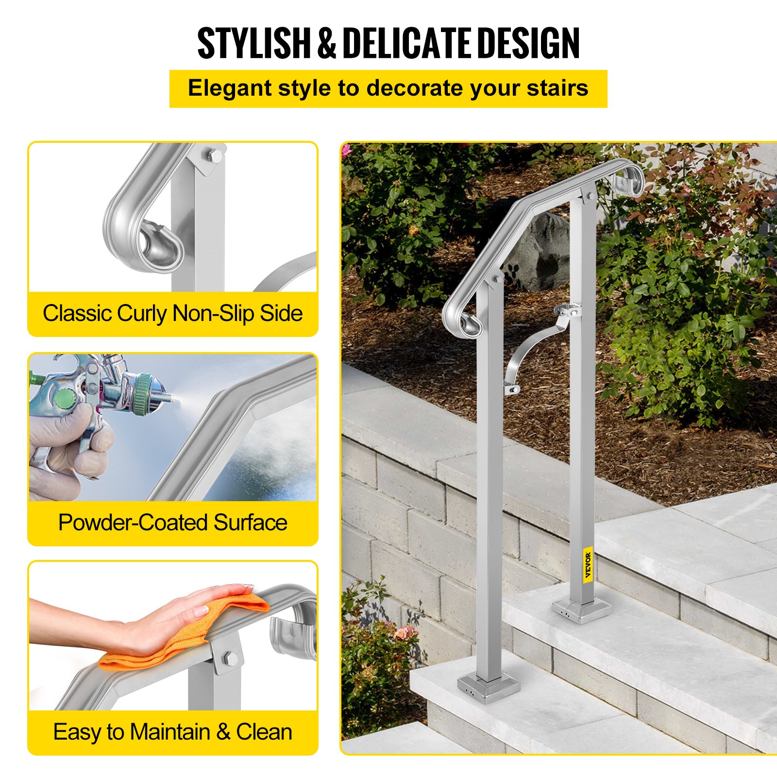 VEVOR Stair Railing Hand Rail Kit Fit 1 or 2 Steps Alloy Metal Step ...