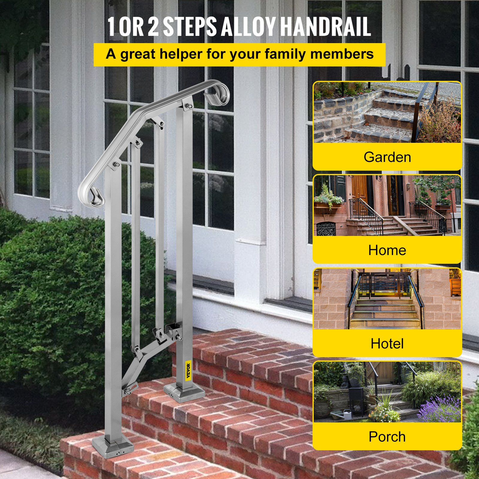 VEVOR Stair Railing Hand Rail Kit Fit 1 or 2 Steps Alloy Metal Step ...