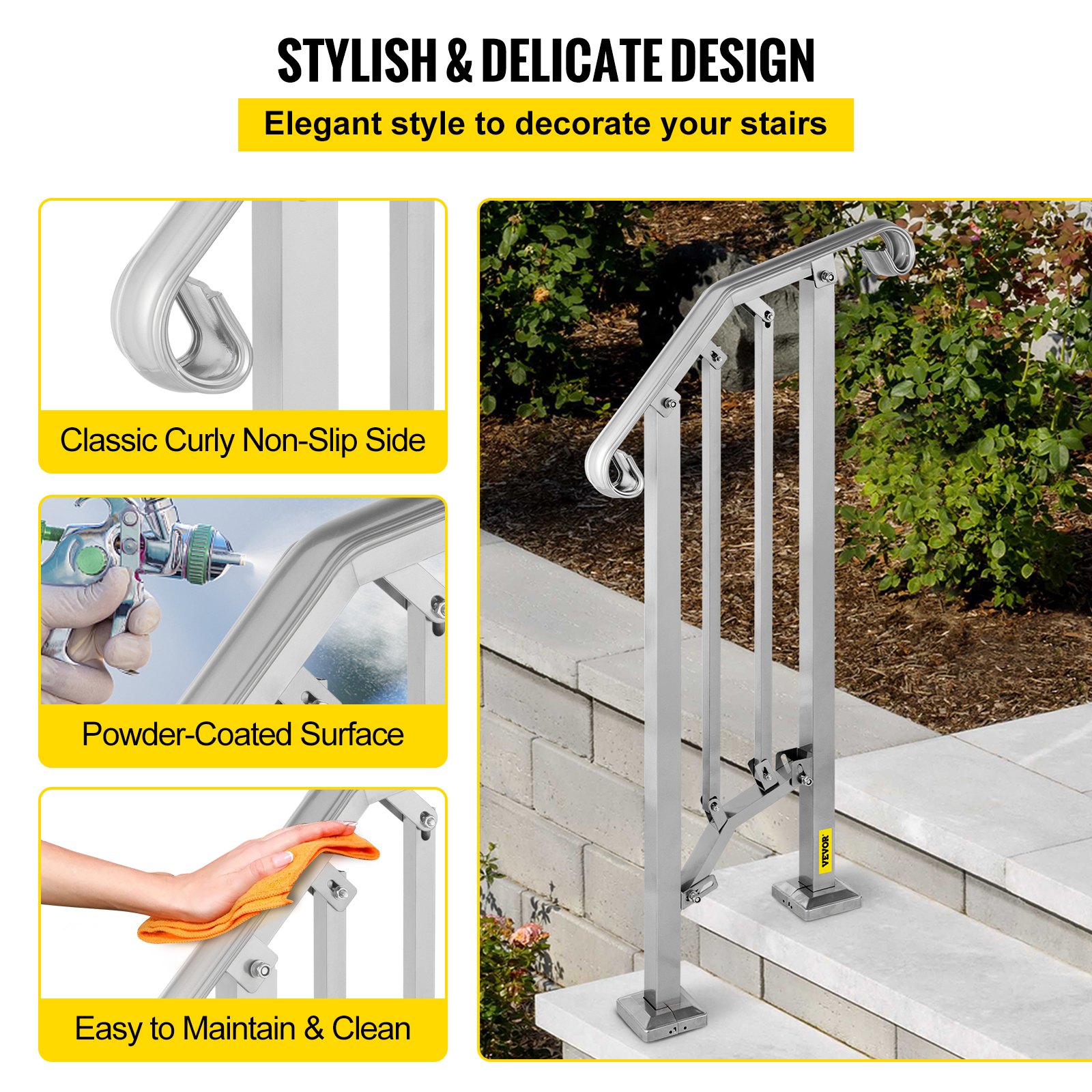 VEVOR Stair Railing Hand Rail Kit Fit 1 or 2 Steps Alloy Metal Step ...