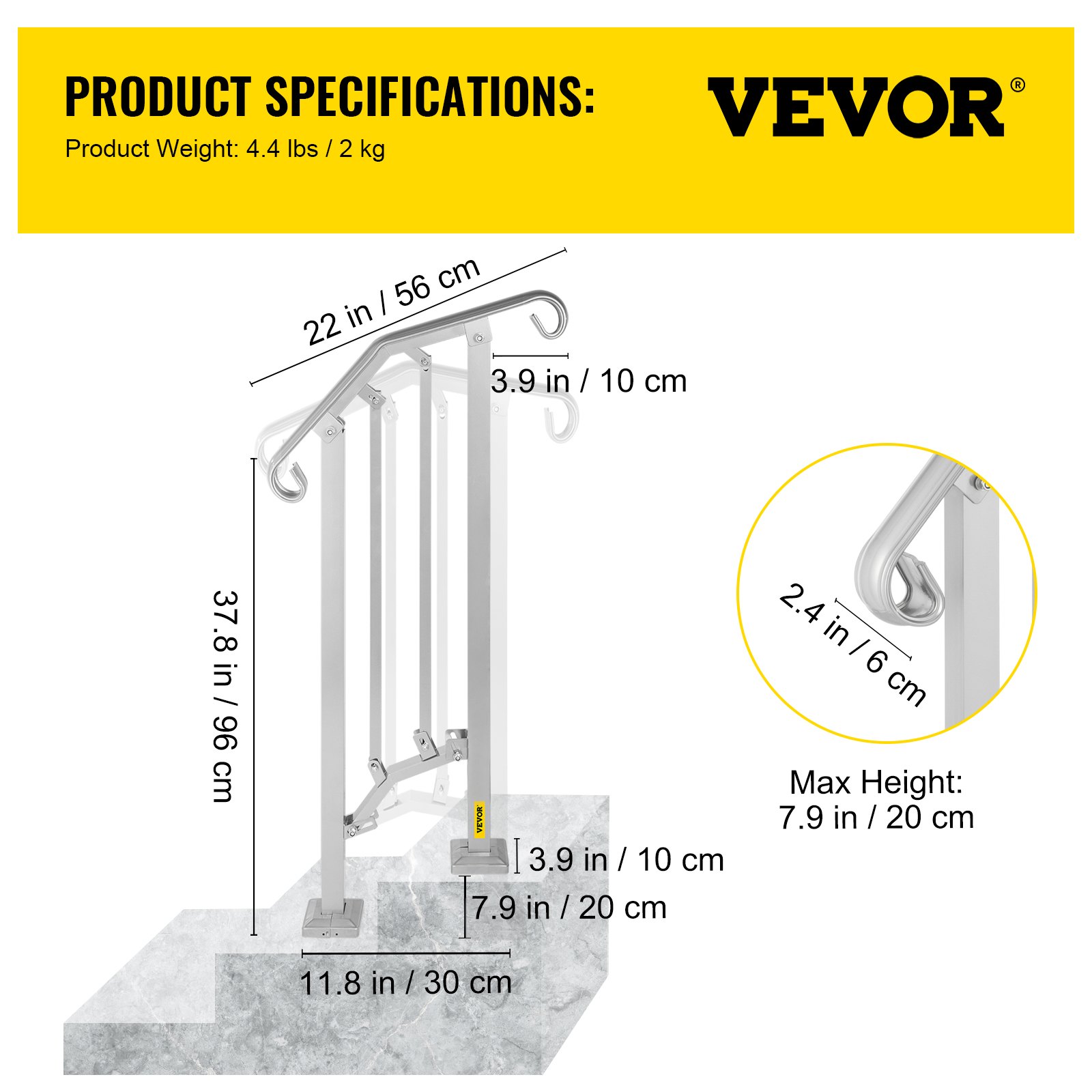 VEVOR Stair Railing Hand Rail Kit Fit 1 or 2 Steps Alloy Metal Step ...