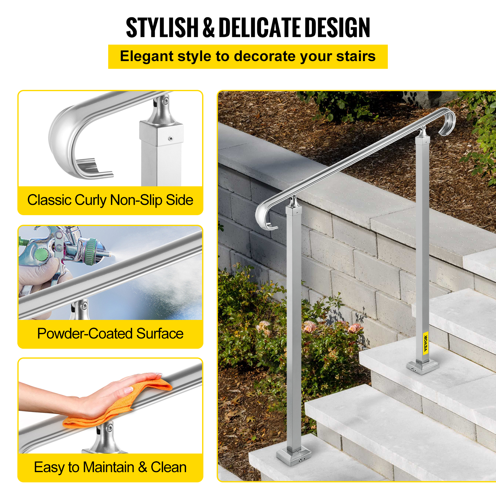 VEVOR Stair Railing Hand Rail Kit Fit 2 or 3 Steps Alloy Metal Step ...