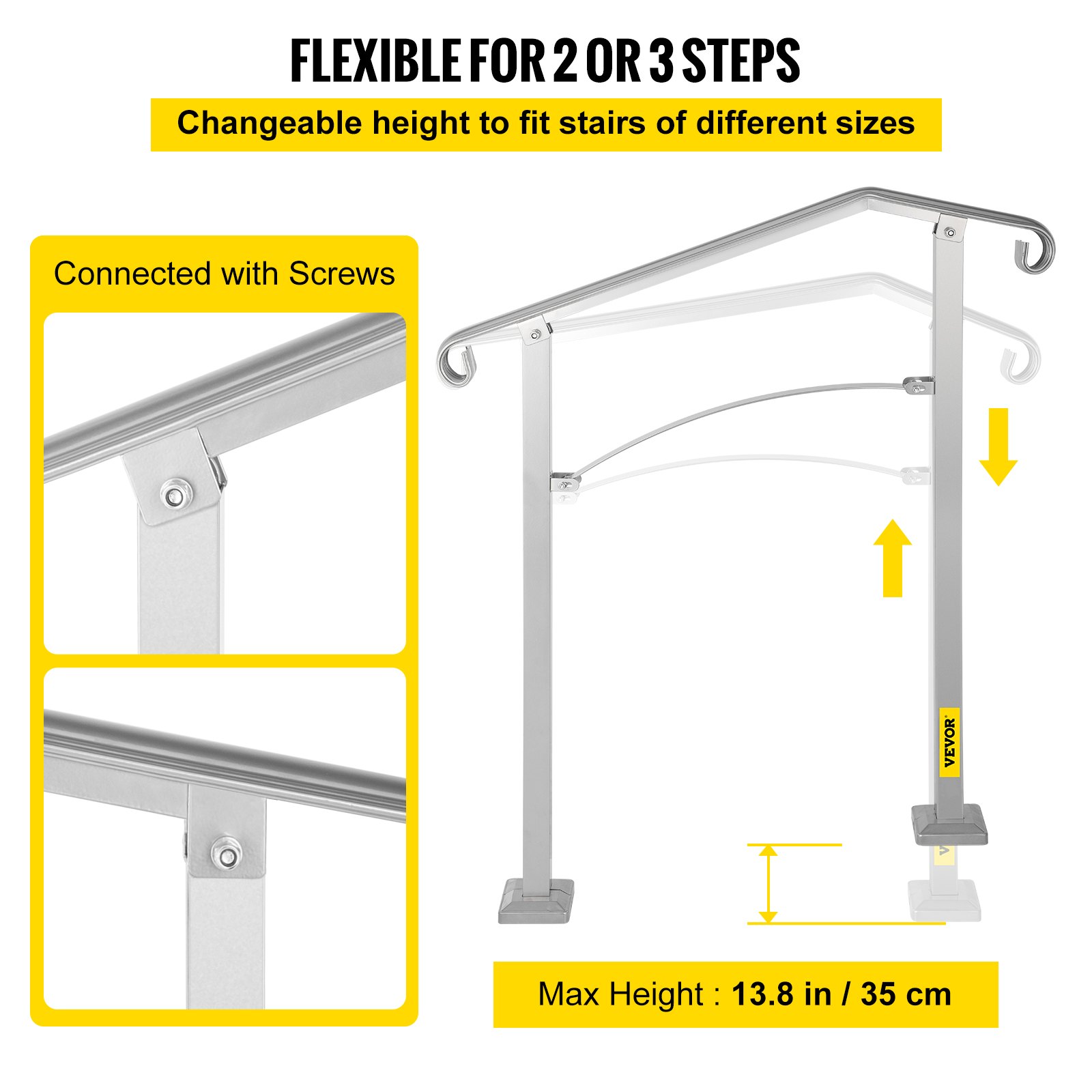 VEVOR Stair Railing Hand Rail Kit Fit 2 or 3 Steps Alloy Metal Step ...