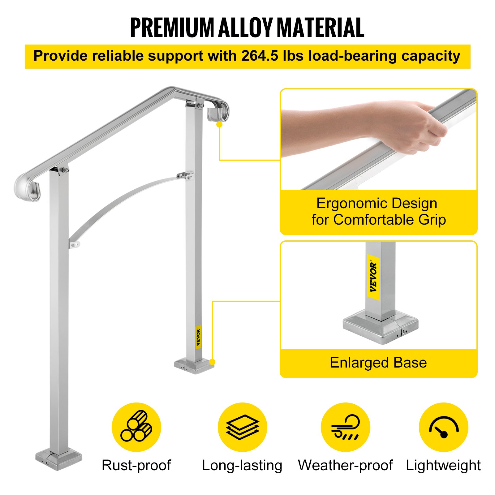 VEVOR Stair Railing Hand Rail Kit Fit 2 or 3 Steps Alloy Metal Step ...