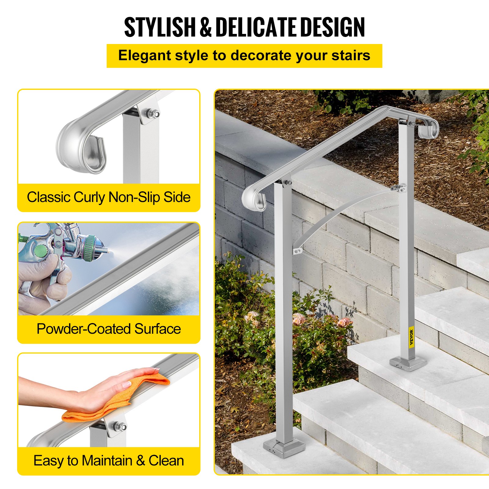 VEVOR Stair Railing Hand Rail Kit Fit 2 or 3 Steps Alloy Metal Step ...