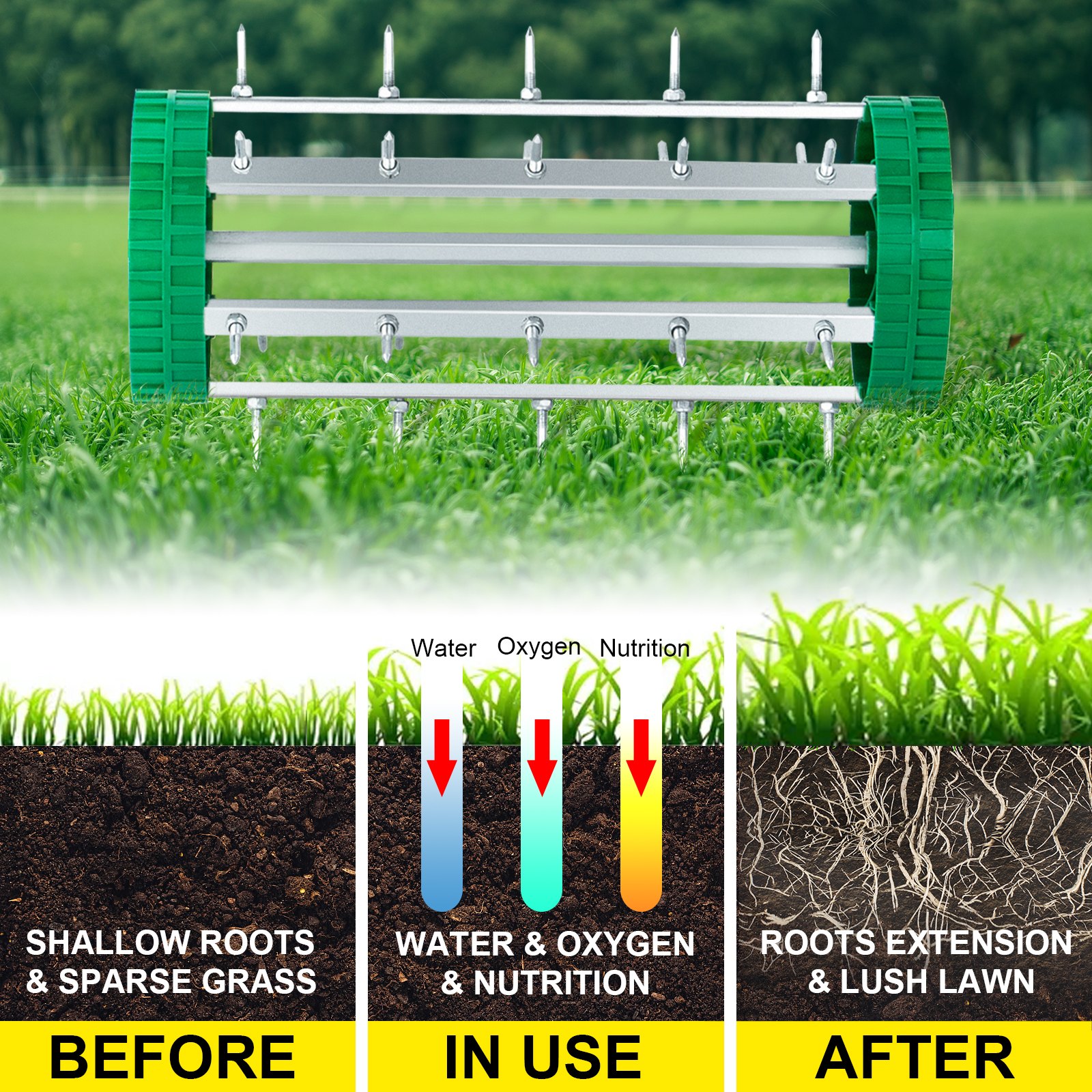 Vevor Rolling Lawn Aerator Push Aerator 18" Spike Aerator Roller Garden ...