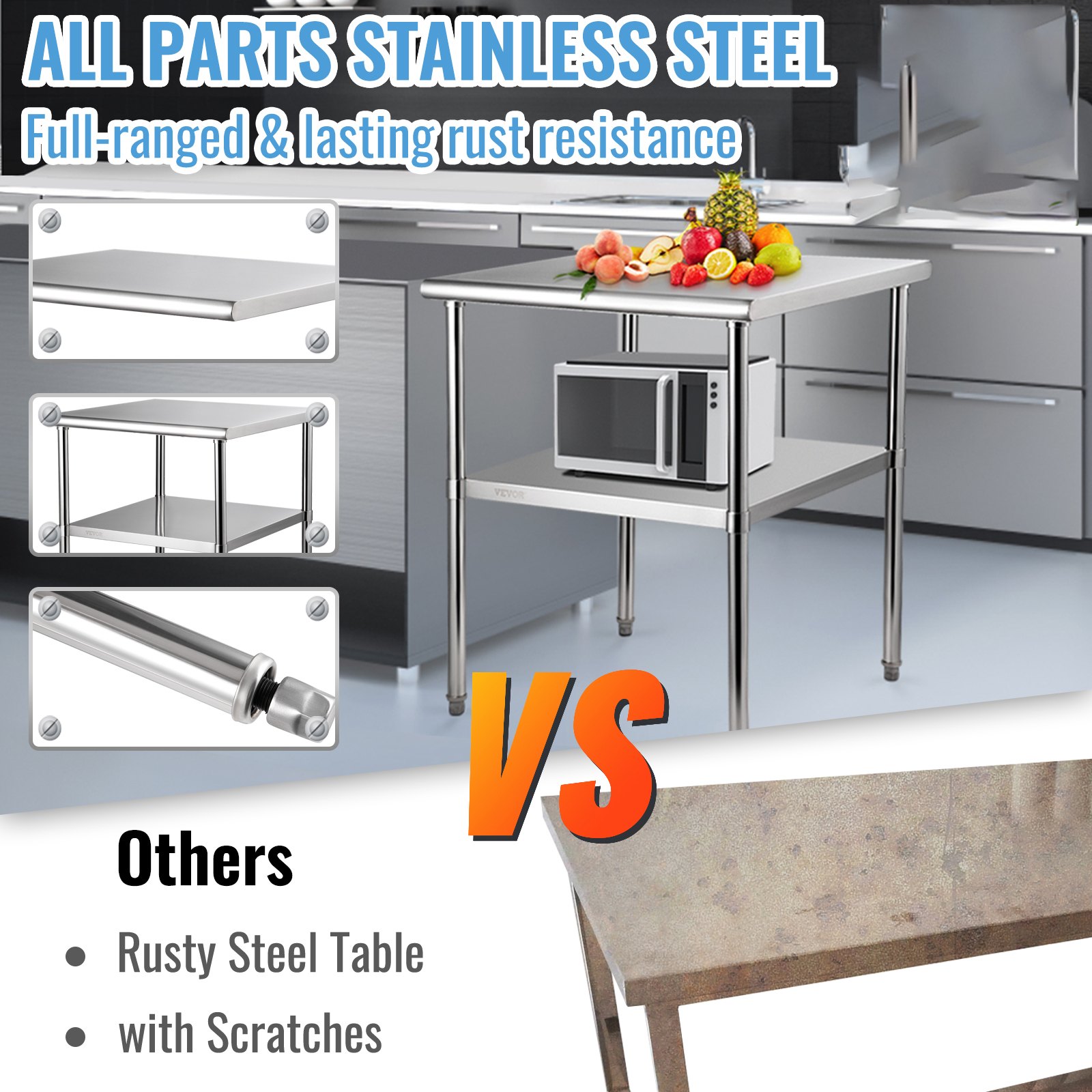 VEVOR Stainless Steel Prep Table, 30 x 30 x 36 Inch, 800lbs Load ...