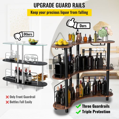 VEVOR Bar Table Wine Storage, 3-tier Bar Unit Cabinet w/ Glasses Holder ...
