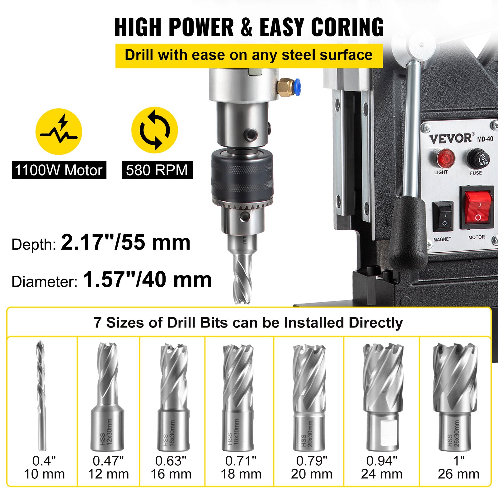 VEVOR Mag Drill Press Electric Magnetic Drill 1100W 1.57" Max Diameter ...