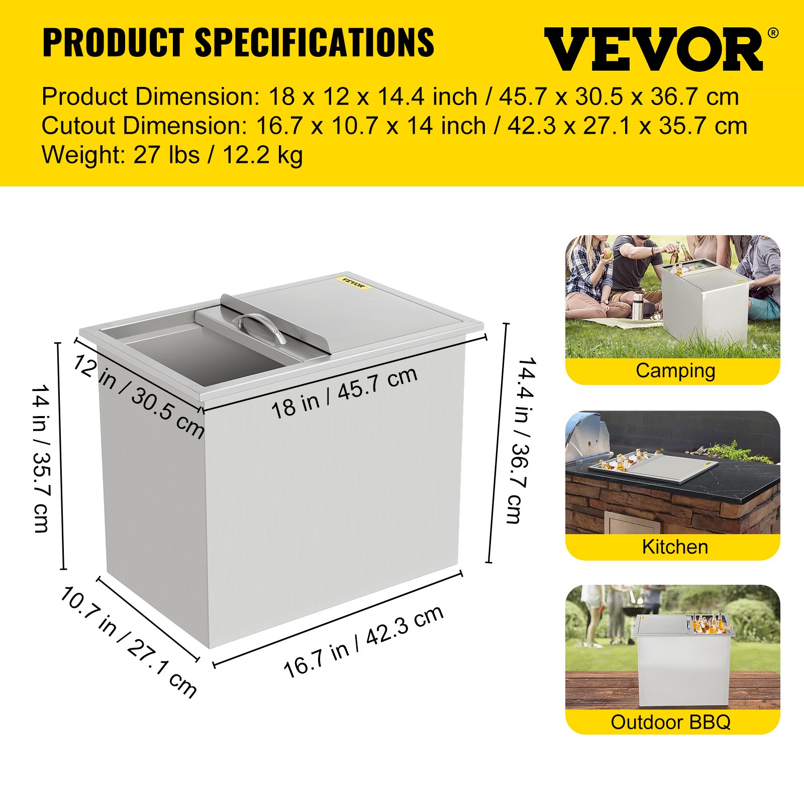 Drop In Ice Chest Cooler Stainless Steel W/ Push-Pull Cover | VEVOR US