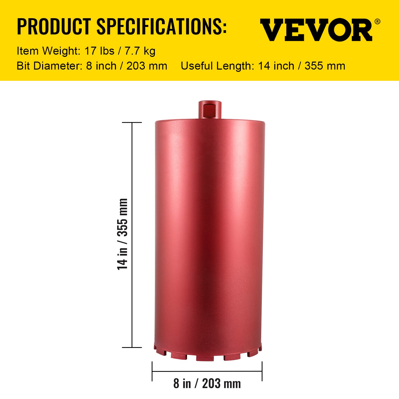 VEVOR Diamond Core Drill, 8"/203mm Diameter Core Drill Bit, 14"/355mm ...