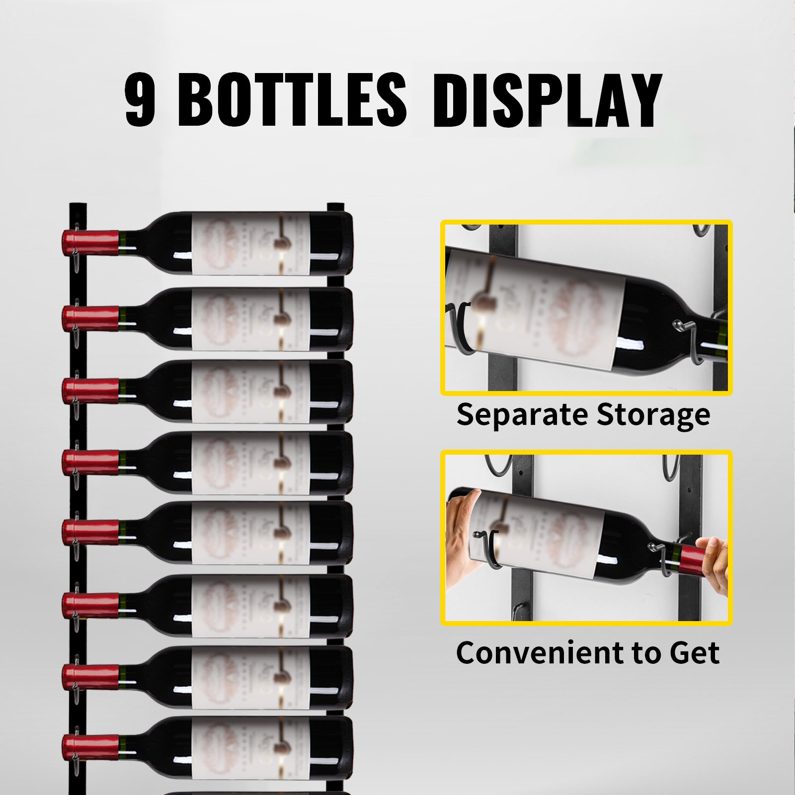 Vevor 9 Bottles Metal Wall Mounting Wine Rack Stackable Storage Satin ...
