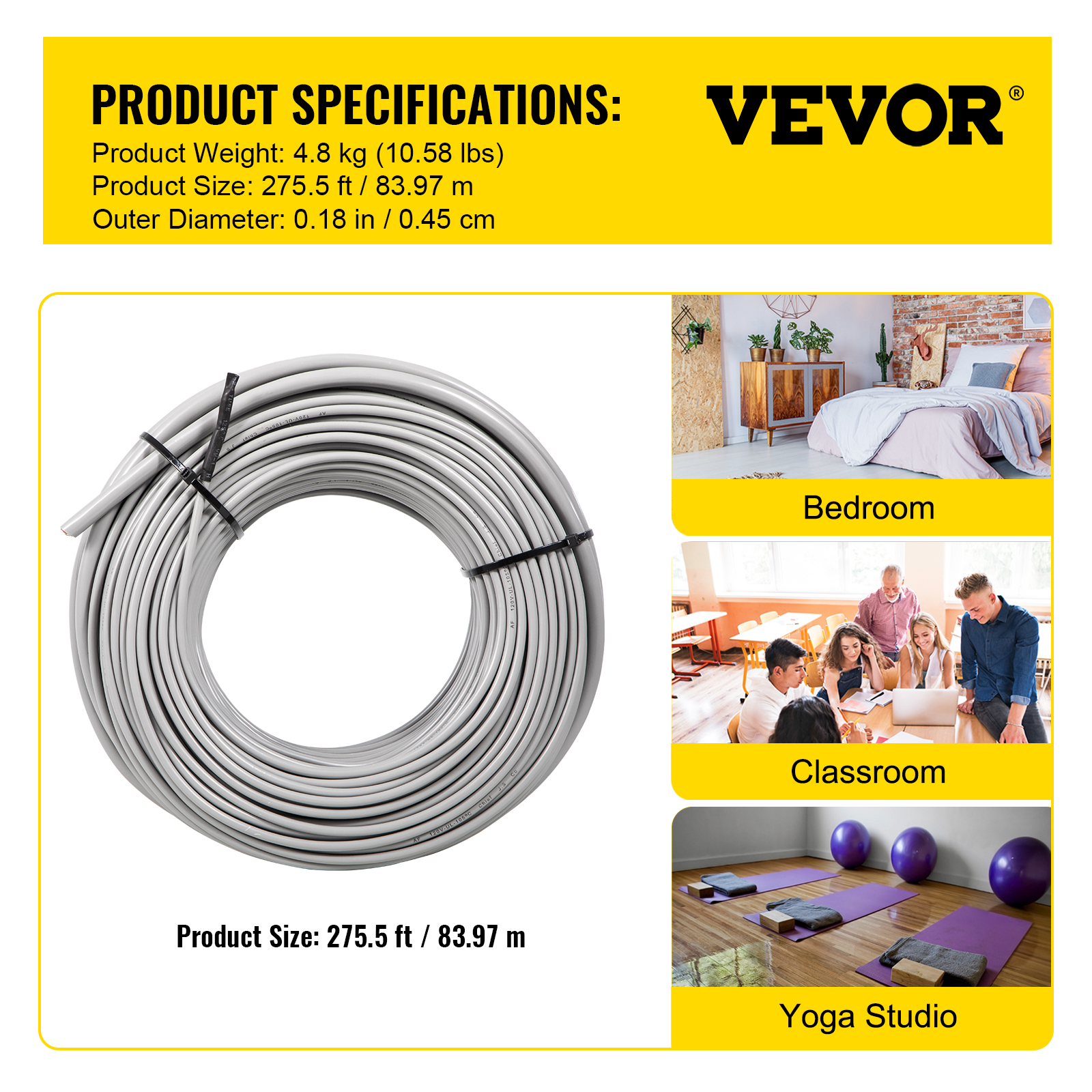 Vevor Floor Heating Cable Waterproof Floor Tile Heat Cable 83.3 Square ...