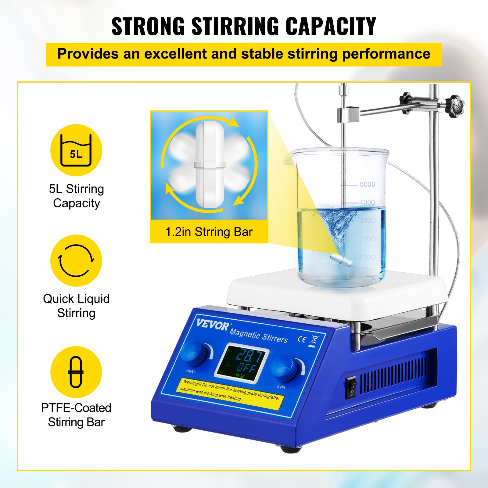 VEVOR Magnetic Stirrer Hot Plate, 5000ml Capacity 320°C/608°F Max Temp ...