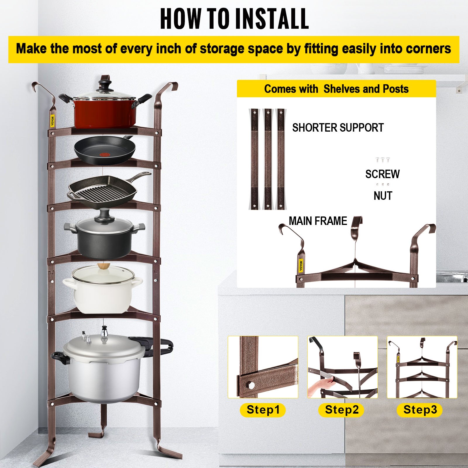 VEVOR 6-Tier Cookware Stand, Carbon Steel Multi-Layer Pot Rack, 61-inch ...