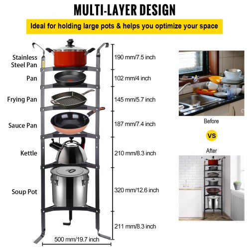 VEVOR 6-Tier Cookware Stand, 61-inch Multi-Layer Pot Rack, Carbon Steel ...