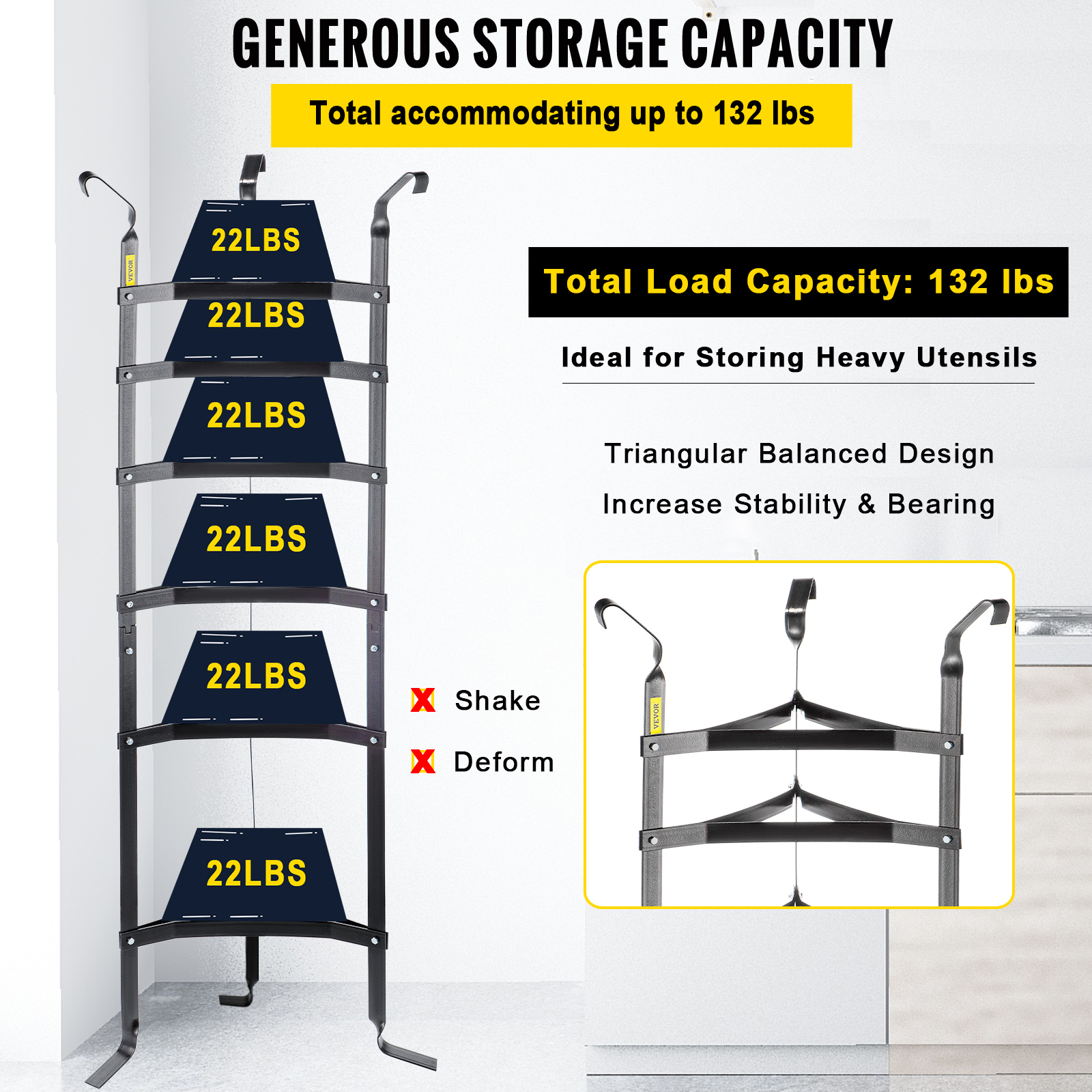 VEVOR 6-Tier Cookware Stand, 61-inch Multi-Layer Pot Rack, Carbon Steel ...
