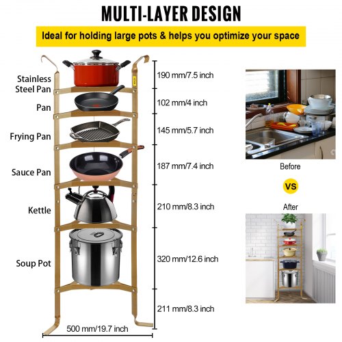 VEVOR 6-Tier Cookware Stand, 61-inch Multi-Layer Pot Rack, Carbon Steel ...