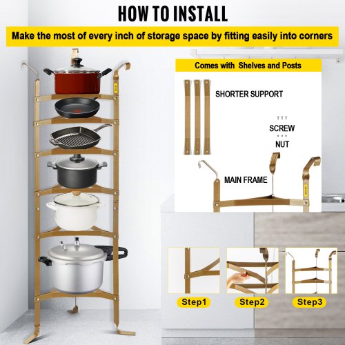 VEVOR 6-Tier Cookware Stand, 61-inch Multi-Layer Pot Rack, Carbon Steel ...