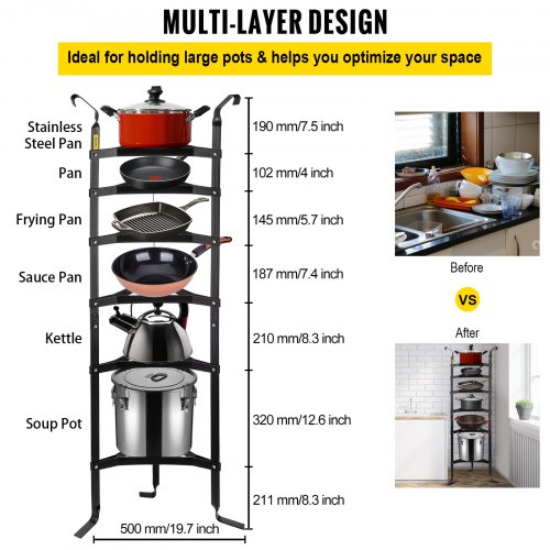 VEVOR 6-Tier Cookware Stand, 61-inch Multi-Layer Pot Rack, Carbon Steel ...