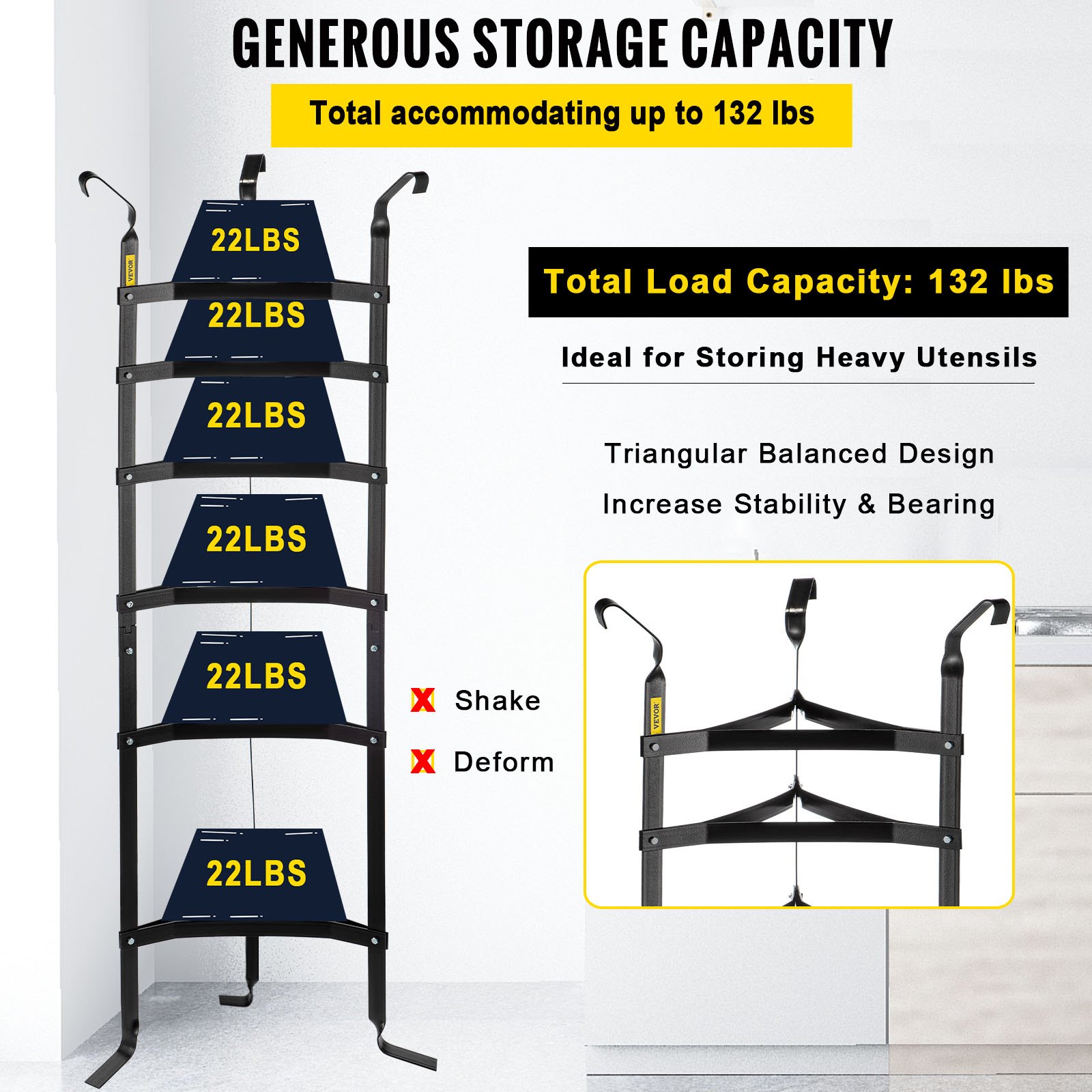 VEVOR 6-Tier Cookware Stand, Carbon Steel Multi-Layer Pot Rack, 61.2 ...