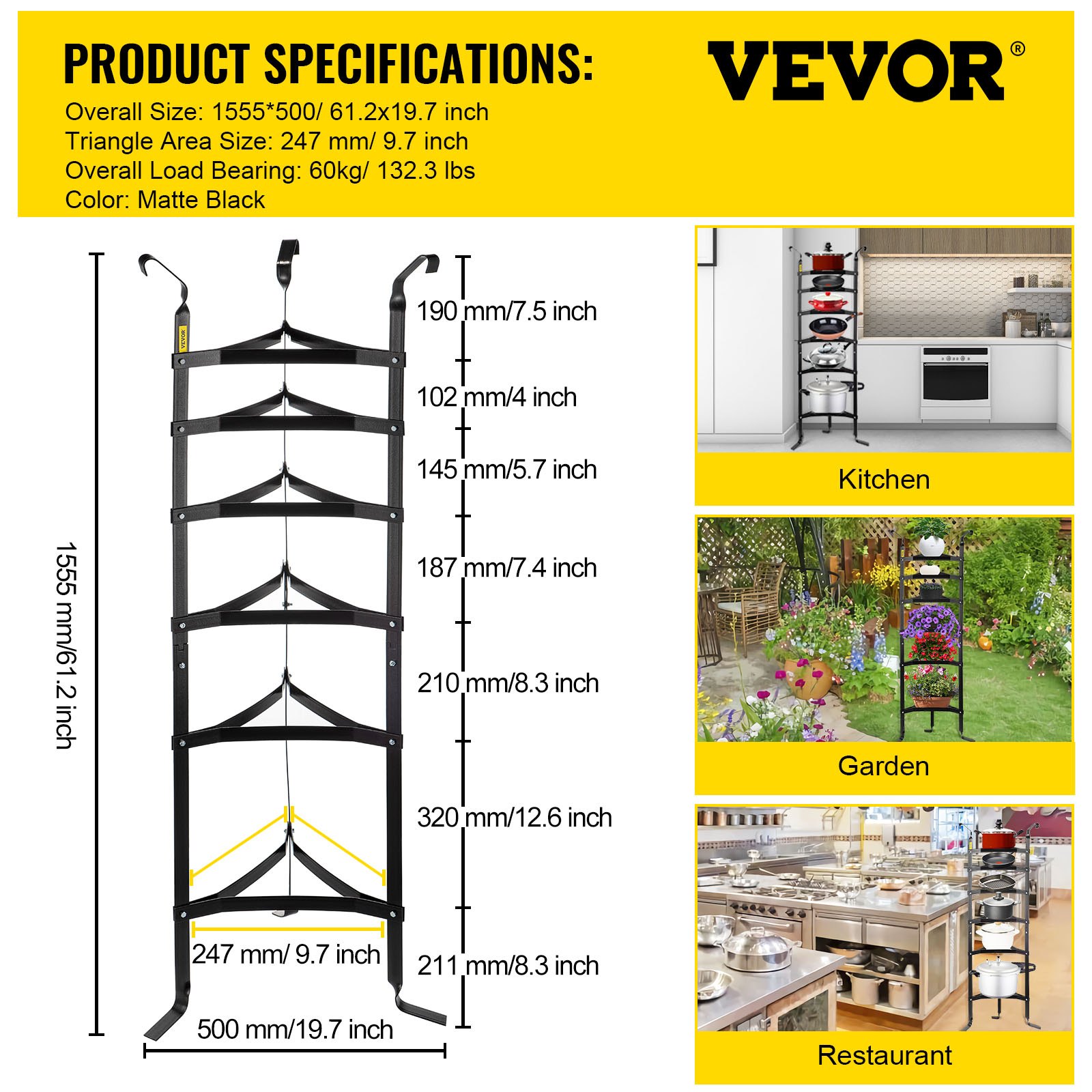 VEVOR 6-Tier Cookware Stand, Carbon Steel Multi-Layer Pot Rack, 61.2 ...