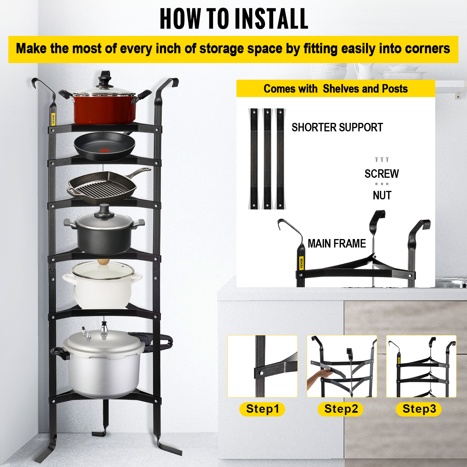 VEVOR 6-Tier Cookware Stand, 61-inch Multi-Layer Pot Rack, Carbon Steel ...