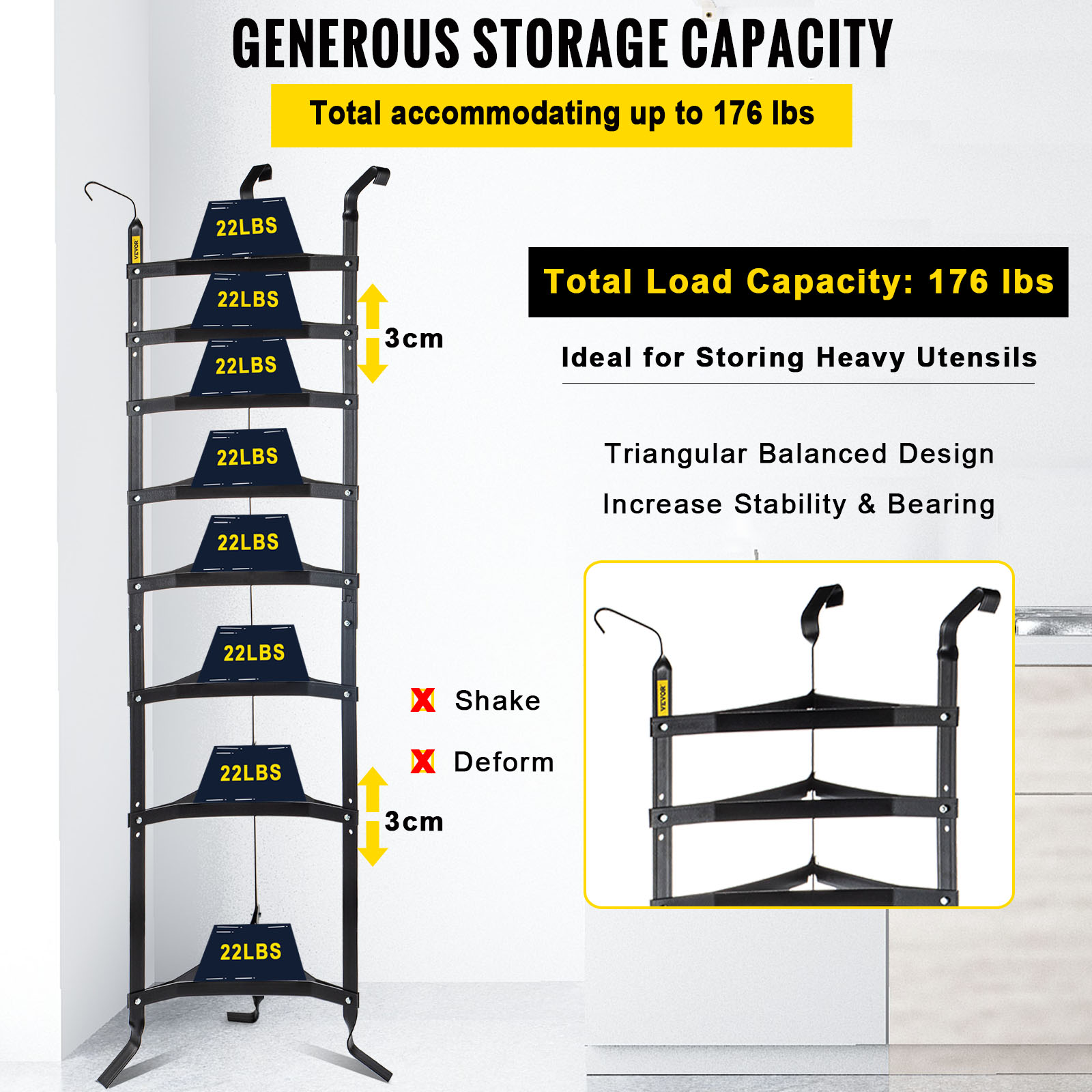 VEVOR 8-Tier Cookware Stand, 68-inch Multi-Layer Pot Rack, Carbon Steel ...