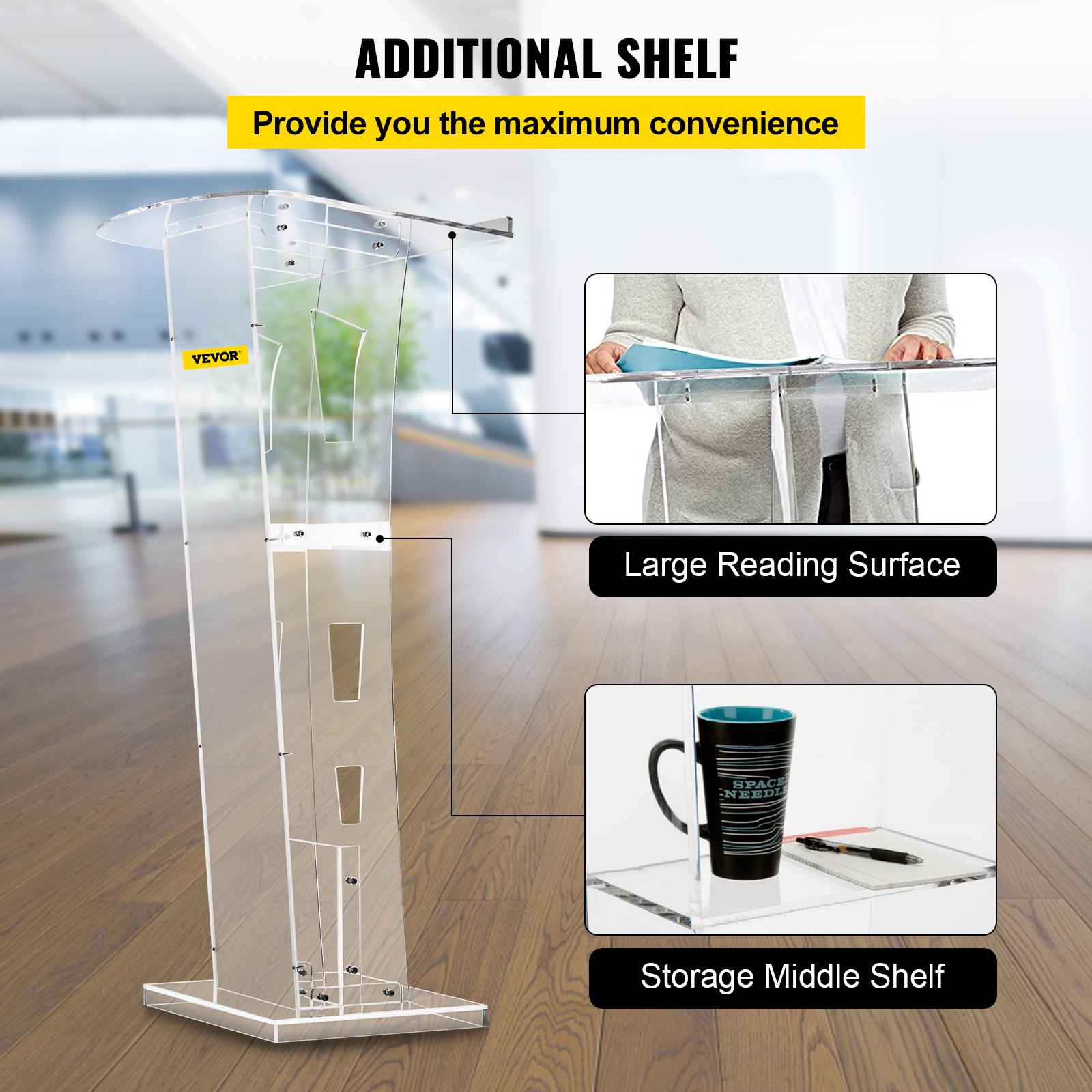 VEVOR Acrylic Podium 47.5" Tall Plexiglass Podium 26.8"x14.3" Table ...