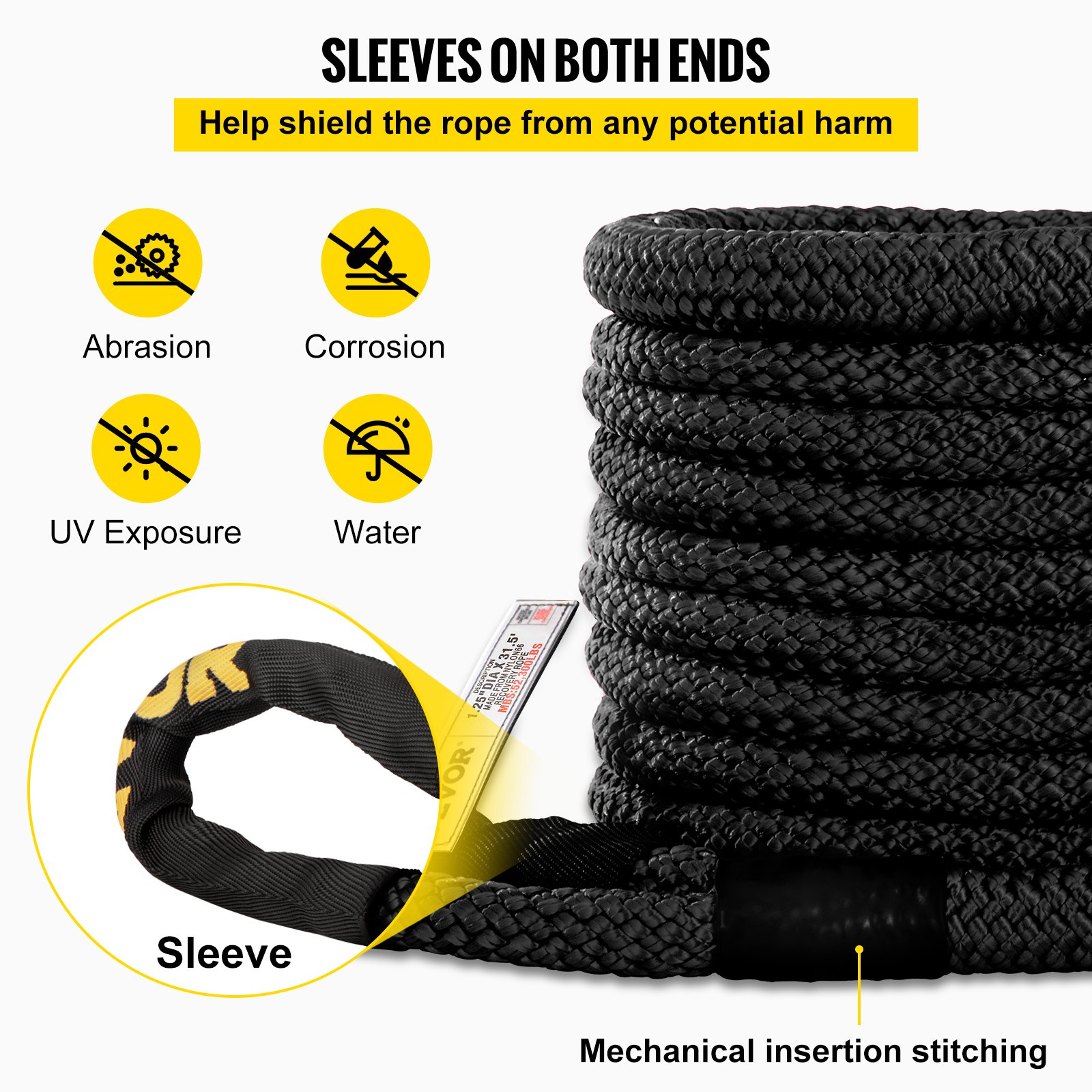 VEVOR 1-1/4" x 31.5' Kinetic Recovery & Tow Rope, 52,300 lbs, Heavy ...