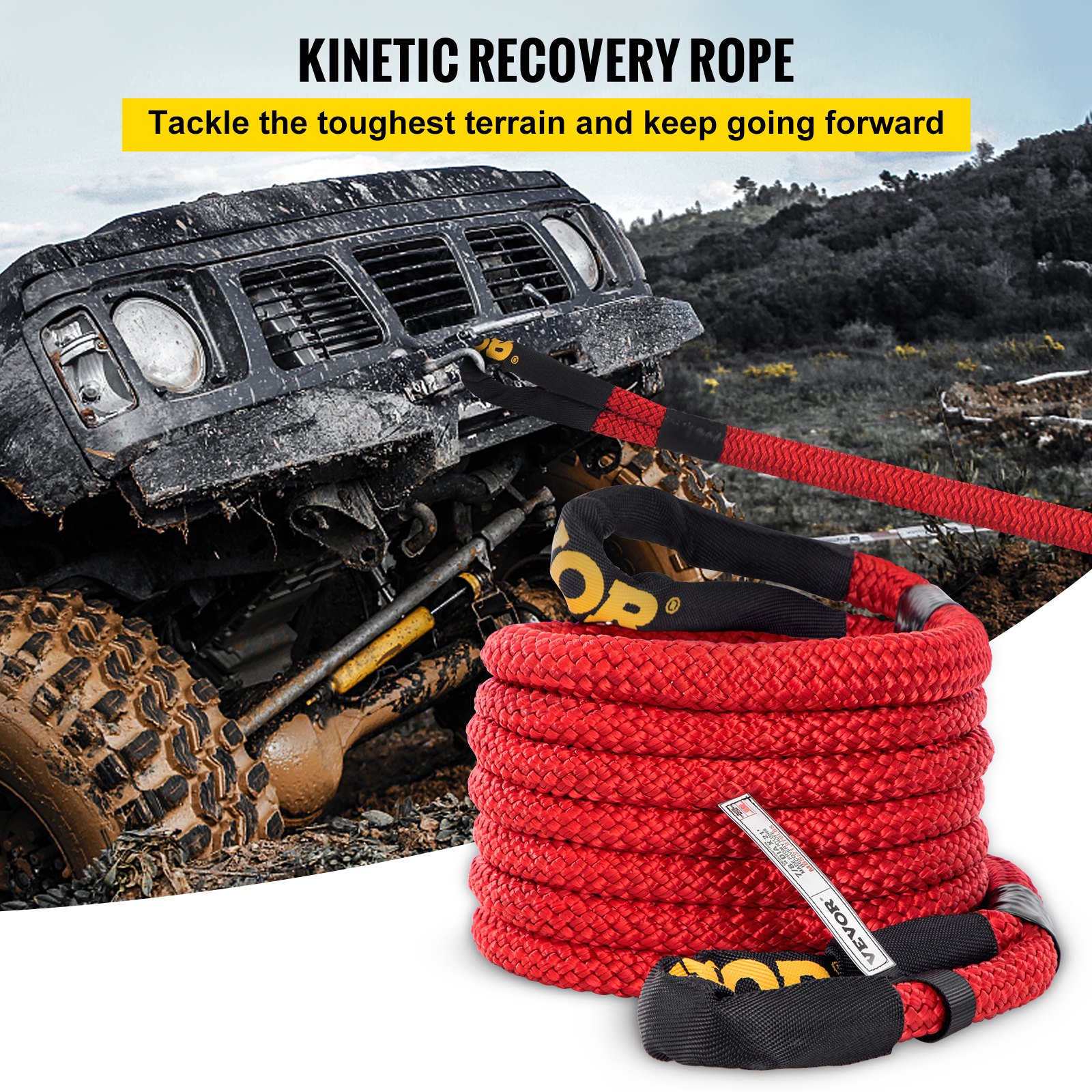 VEVOR 7/8" x 21' Kinetic Recovery Rope, 21,970 lbs, Heavy Duty Nylon ...