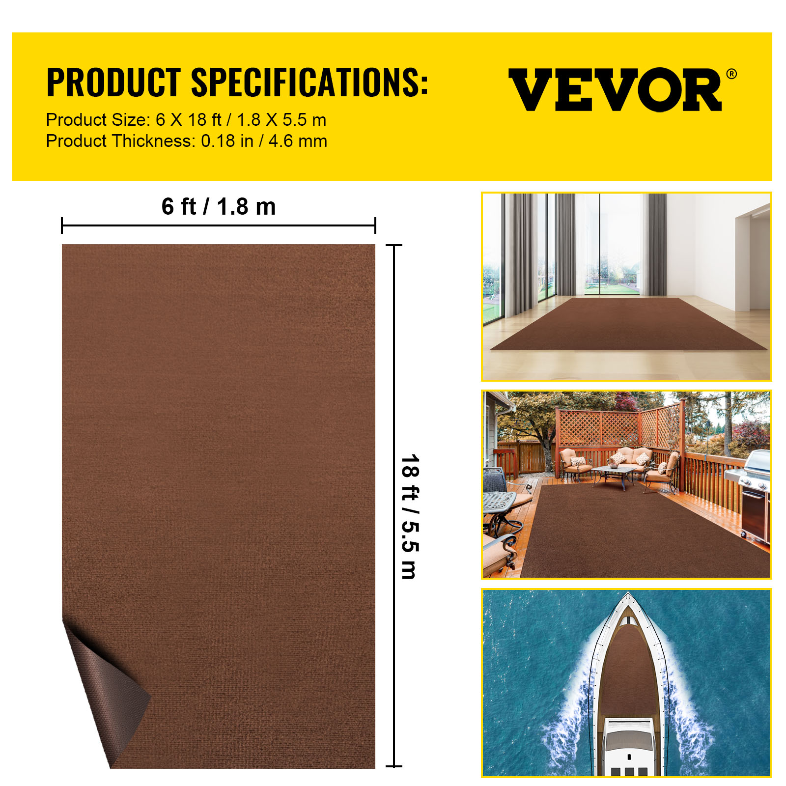 Vevor Bass Boat Carpet Cutpile Marine Carpet 6 X 18 Ft Deep Brown For ...