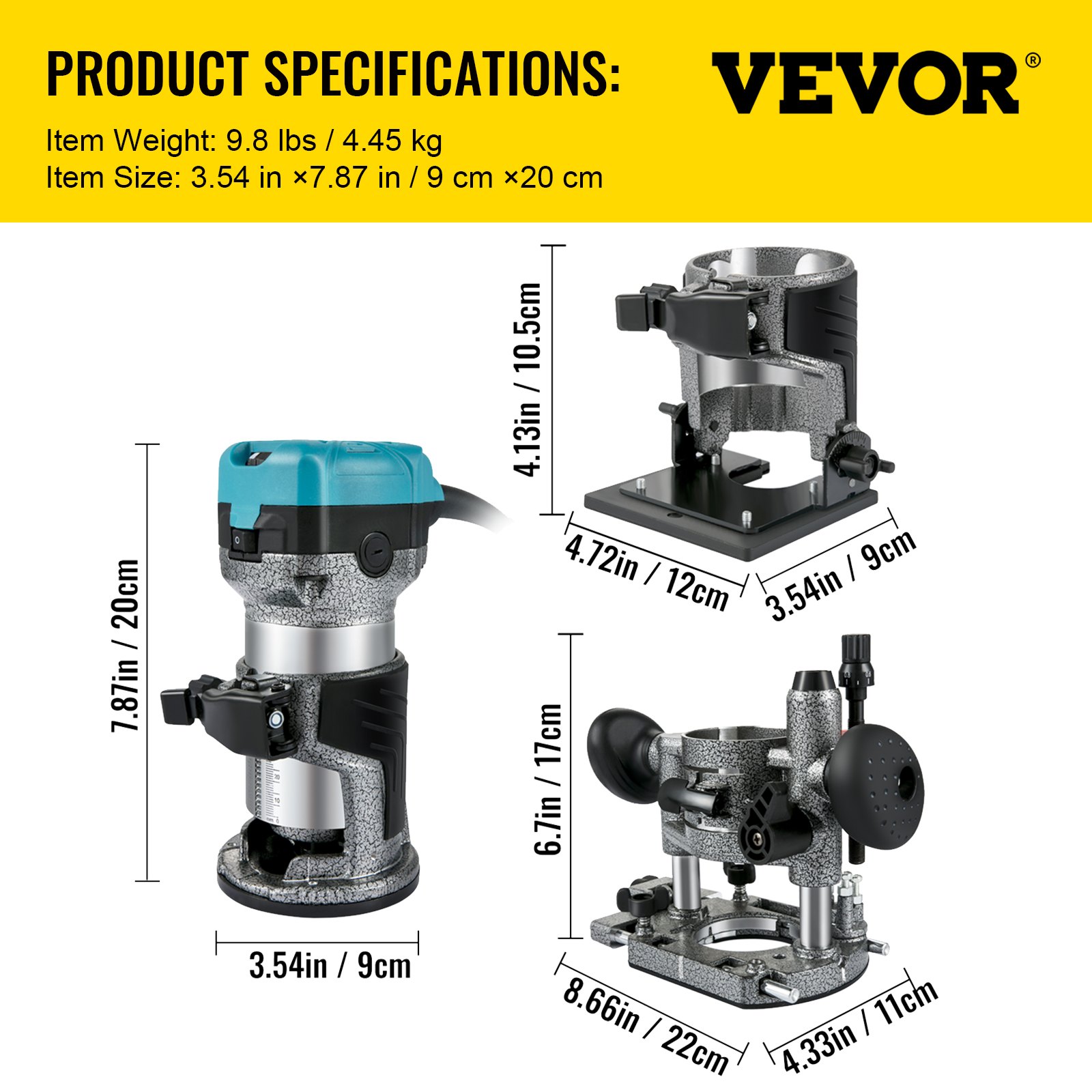 VEVOR Vevor Electric Hand Trimmer Palm Router W/ Fixed Base Plunge Base ...