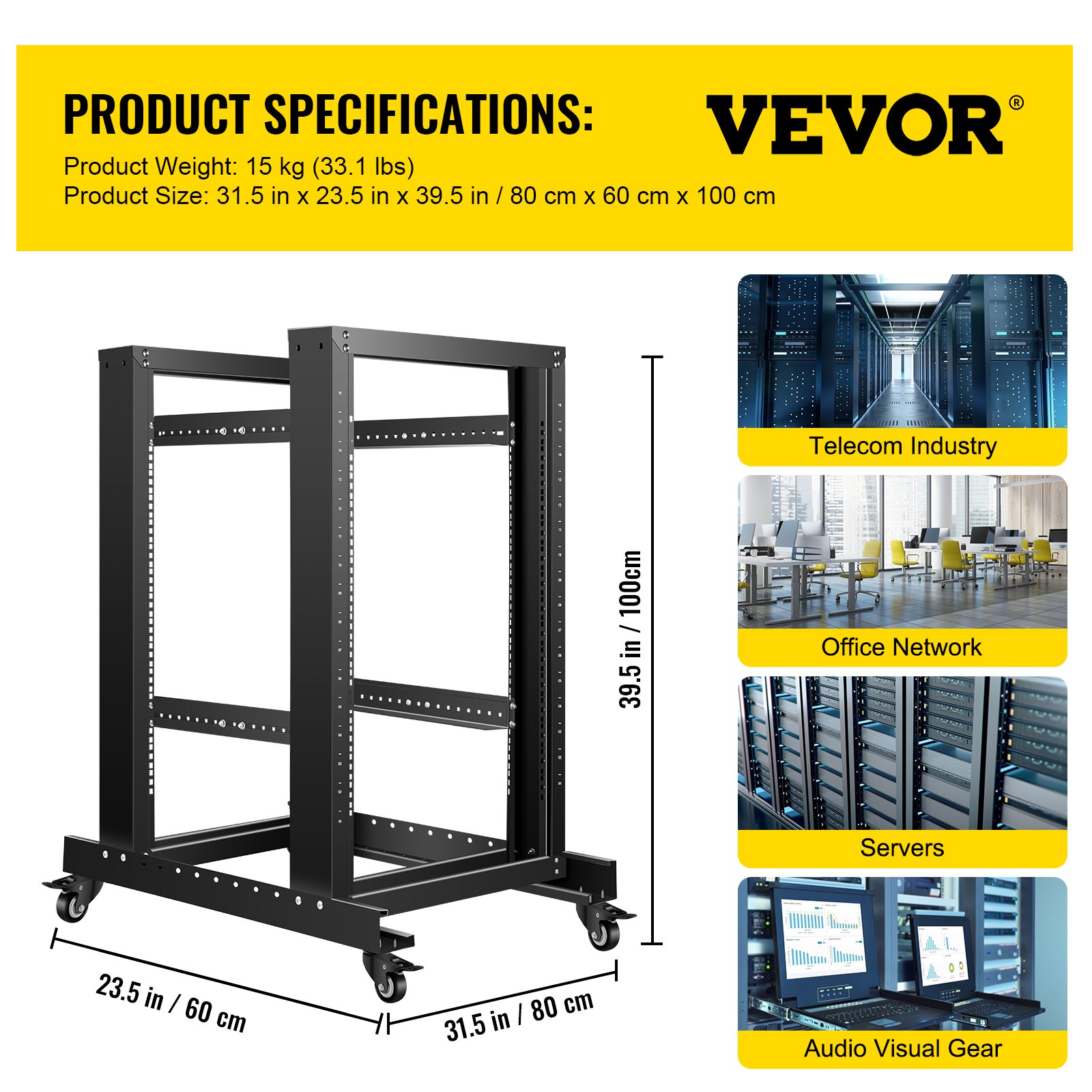 VEVOR Server Rack, 15U Open Frame Rack, 4-Post IT Server Relay Rack, 19 ...