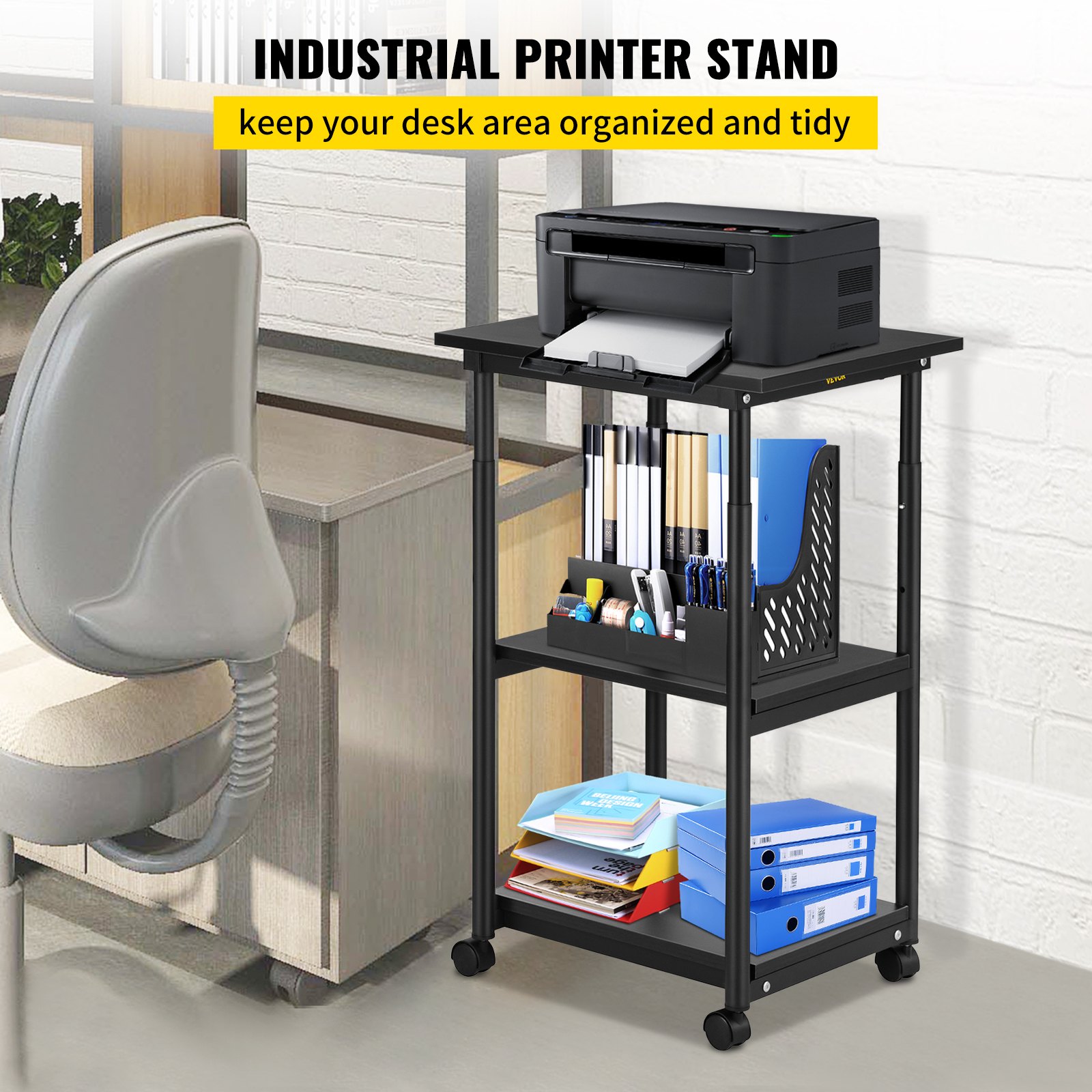 VEVOR Printer Stand Printer Cart 3 Tiers W/ Open Shelves & Lockable ...