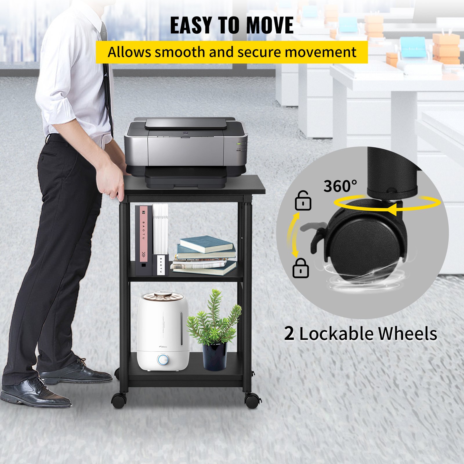 VEVOR Printer Stand Printer Cart 3 Tiers W/ Open Shelves & Lockable ...
