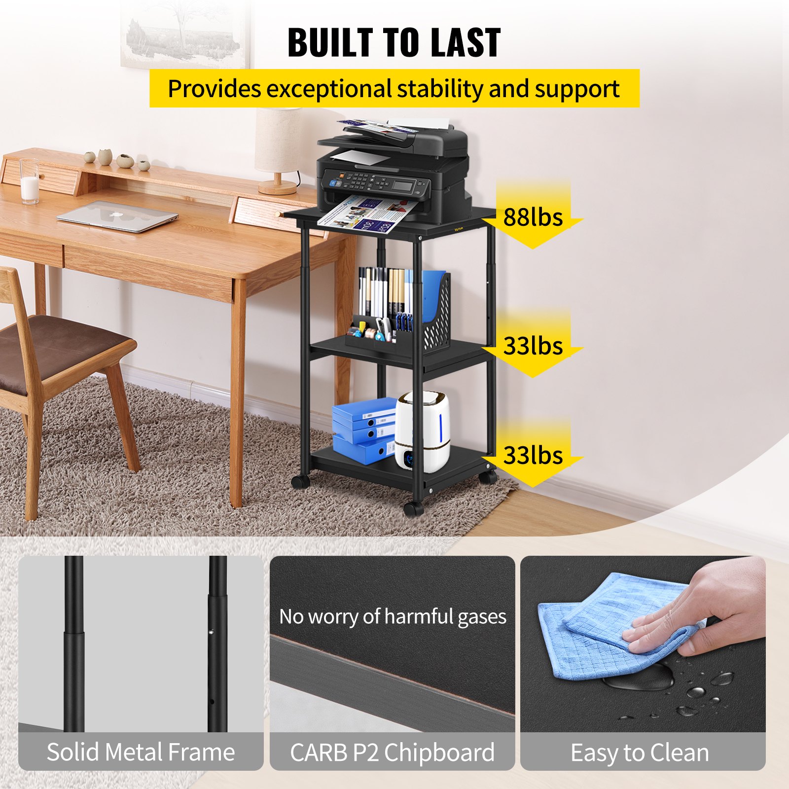 VEVOR Printer Stand, 3 Tiers, Rolling Machine Cart with Adjustable ...