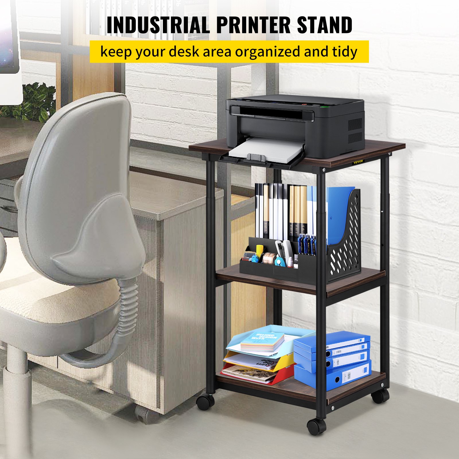 VEVOR Printer Stand, 3 Tiers, Rolling Machine Cart with Adjustable ...