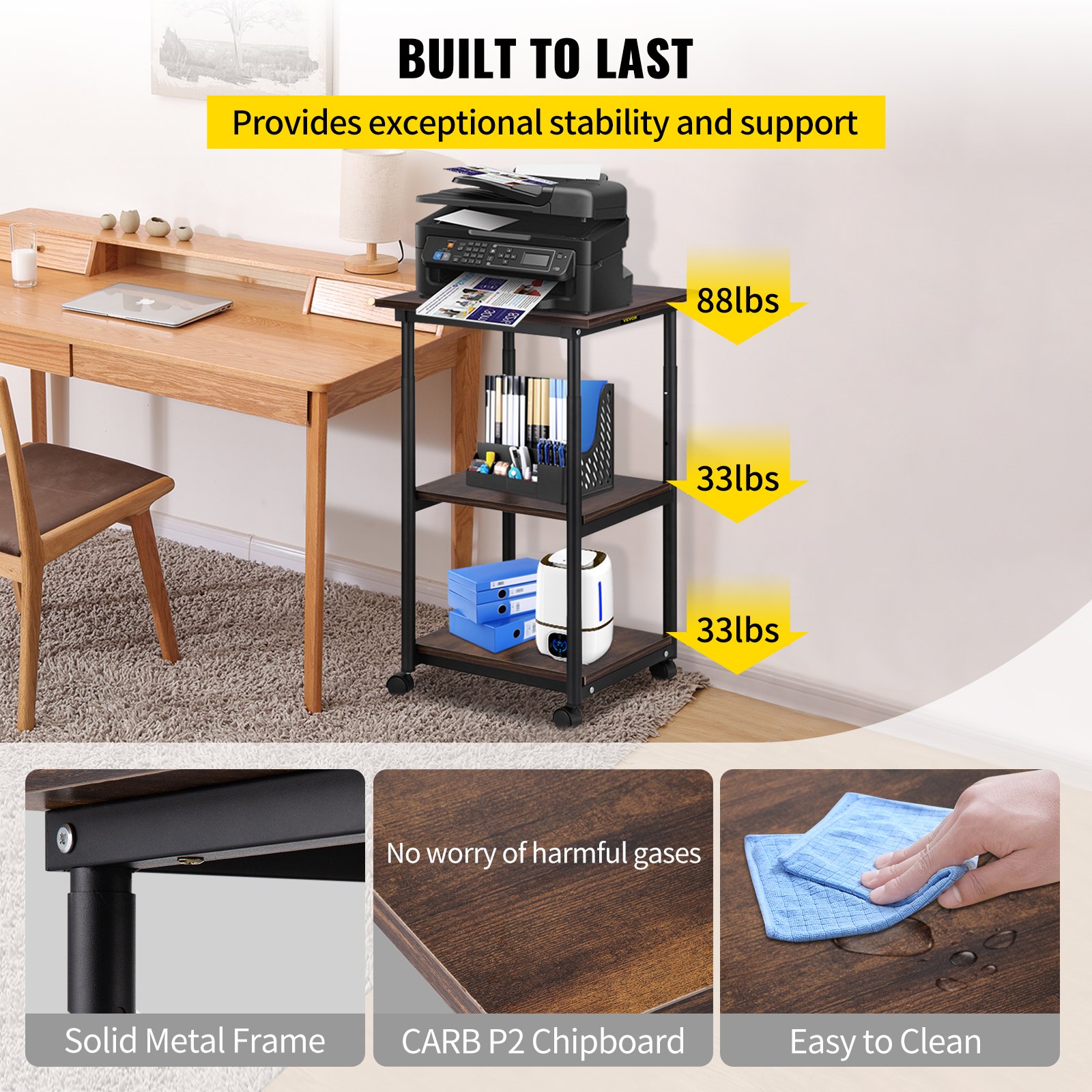 VEVOR Printer Stand, 3 Tiers, Rolling Machine Cart with Adjustable ...