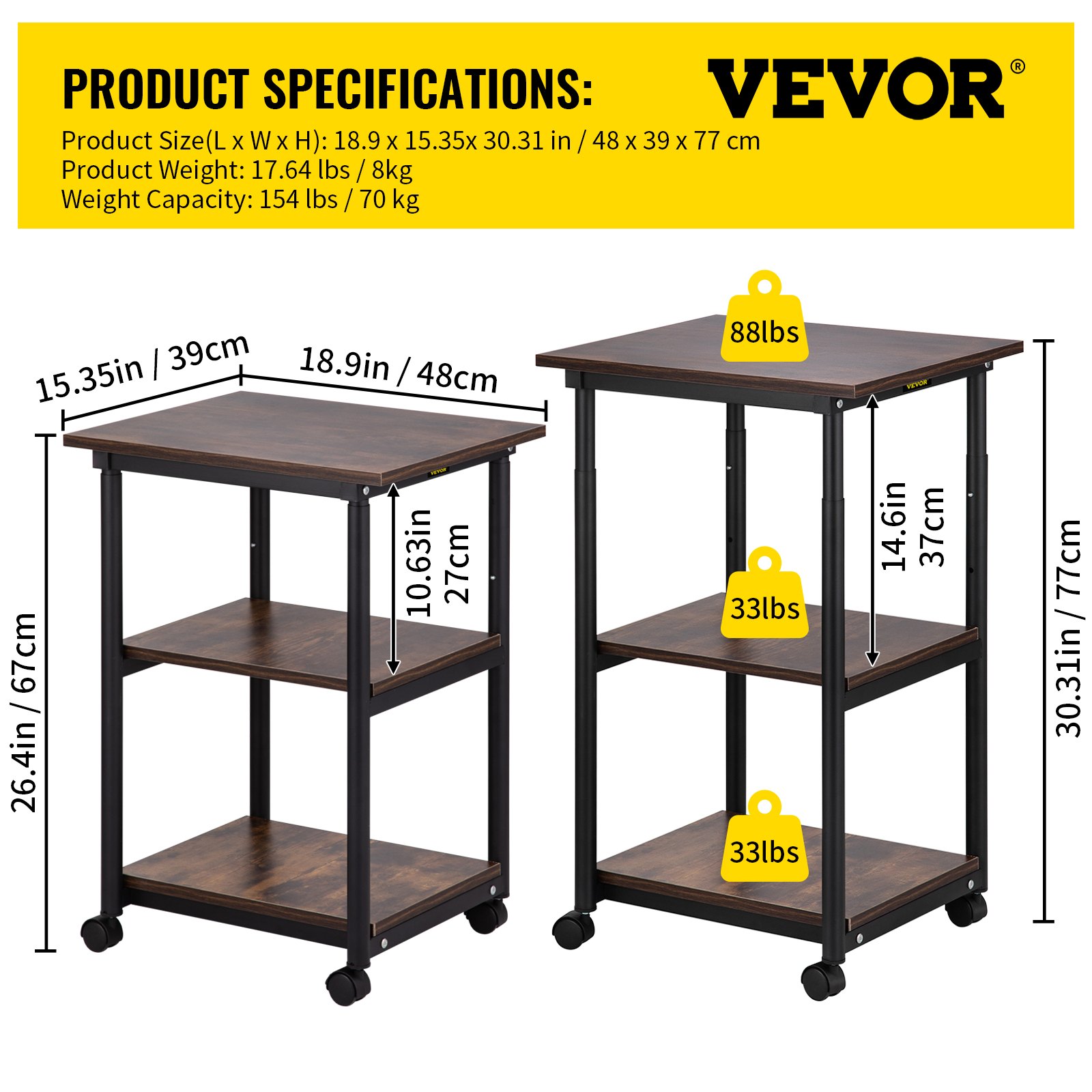 VEVOR Printer Stand, 3 Tiers, Rolling Machine Cart with Adjustable ...