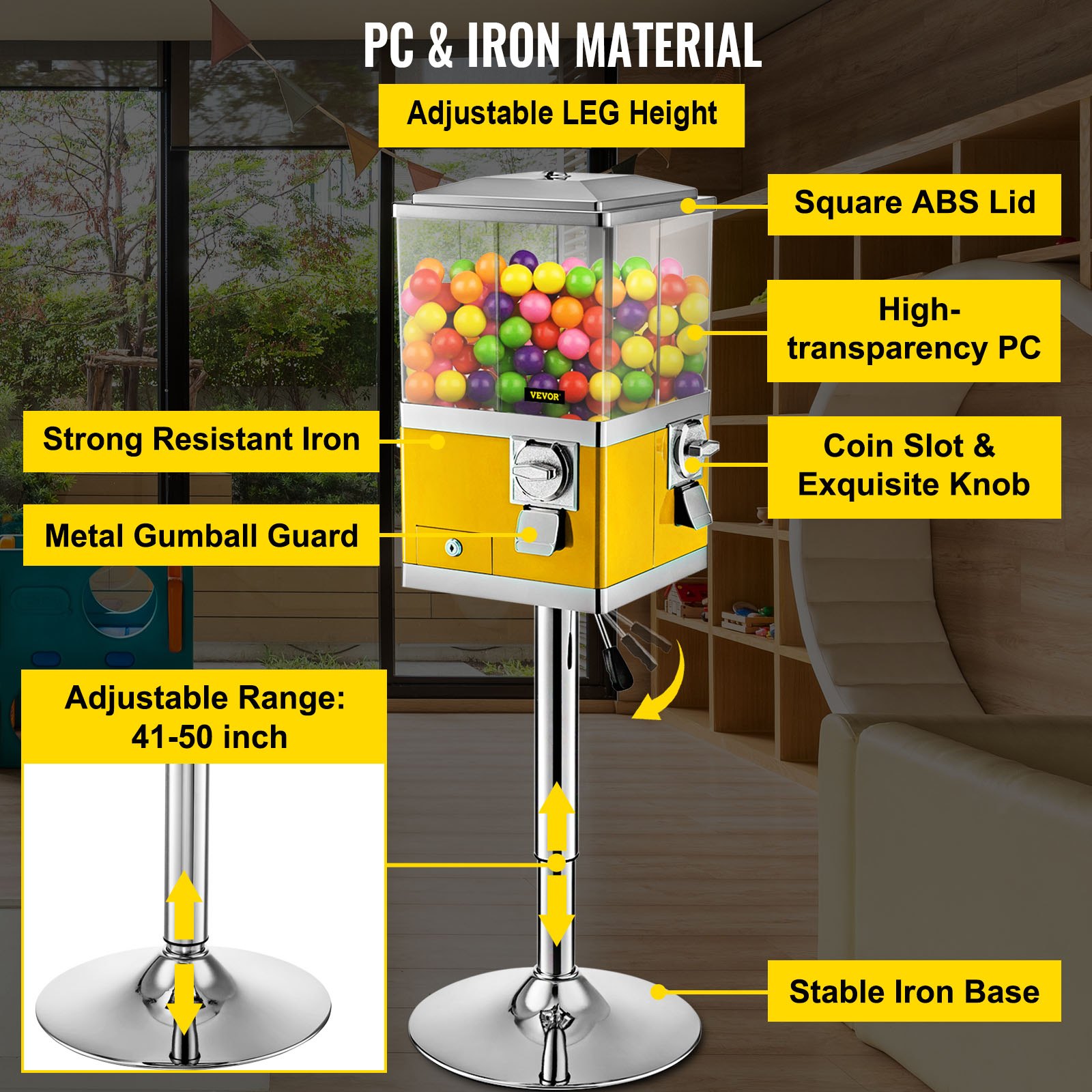 VEVOR Gumball Machine with Stand, Yellow Quarter Candy Dispenser ...