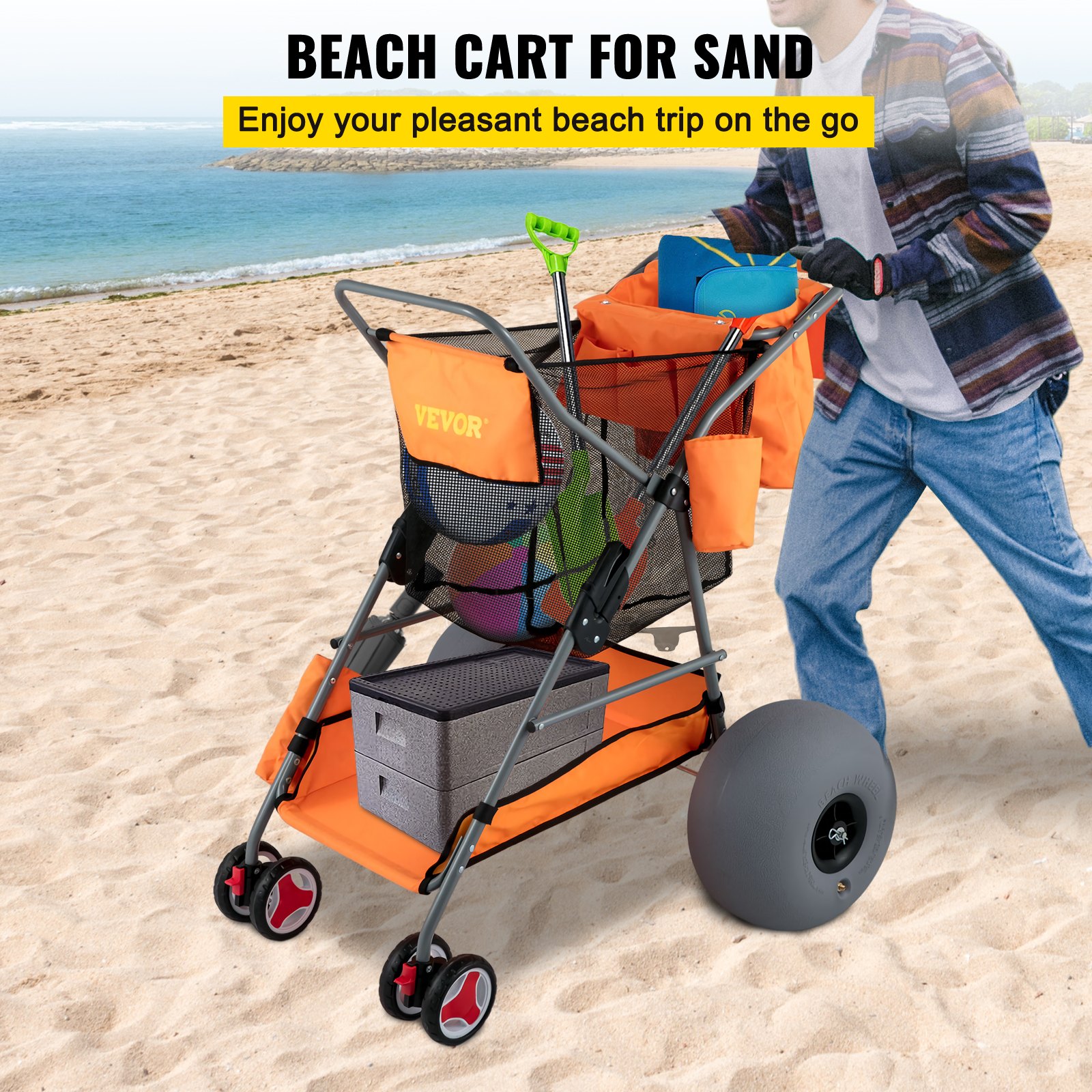 VEVOR Wonder Wheeler Wide Beach Cart with 12'' Balloon Wheels & Storage ...