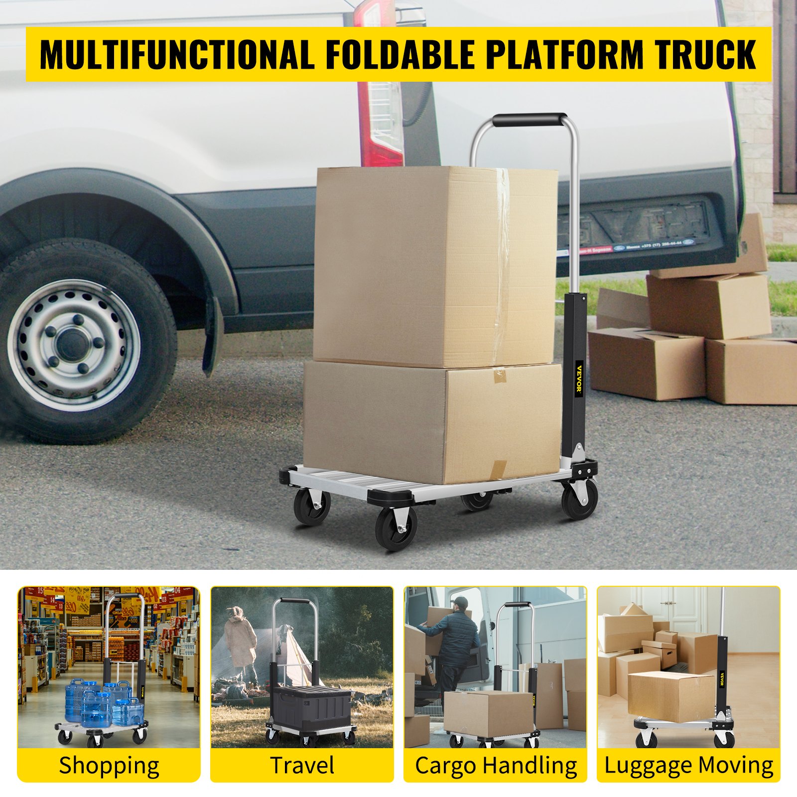 VEVOR Folding Platform Truck, Portable Platform Cart Adjustable Length ...